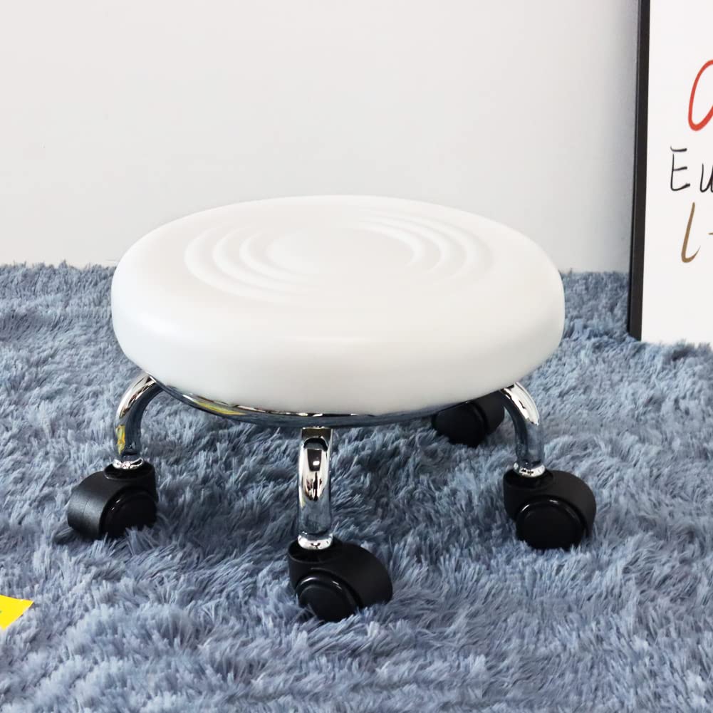 WKWKER Modern Roller Seat PU Leather Low Round Rolling Stool 360° Swivel Small Stool with Universal Caster Wheels Foot Stool for Home Office Garage Shop Fitness Sport H:8.4" (White)