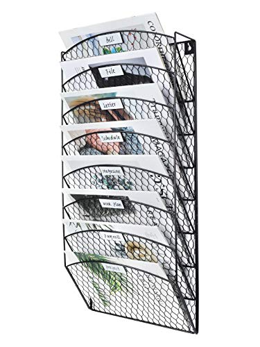 PAG Office Wall Organizer Metal Chicken Wire Hanging File Holder Paper Mail Literature Rack, 8 Pockets, Black