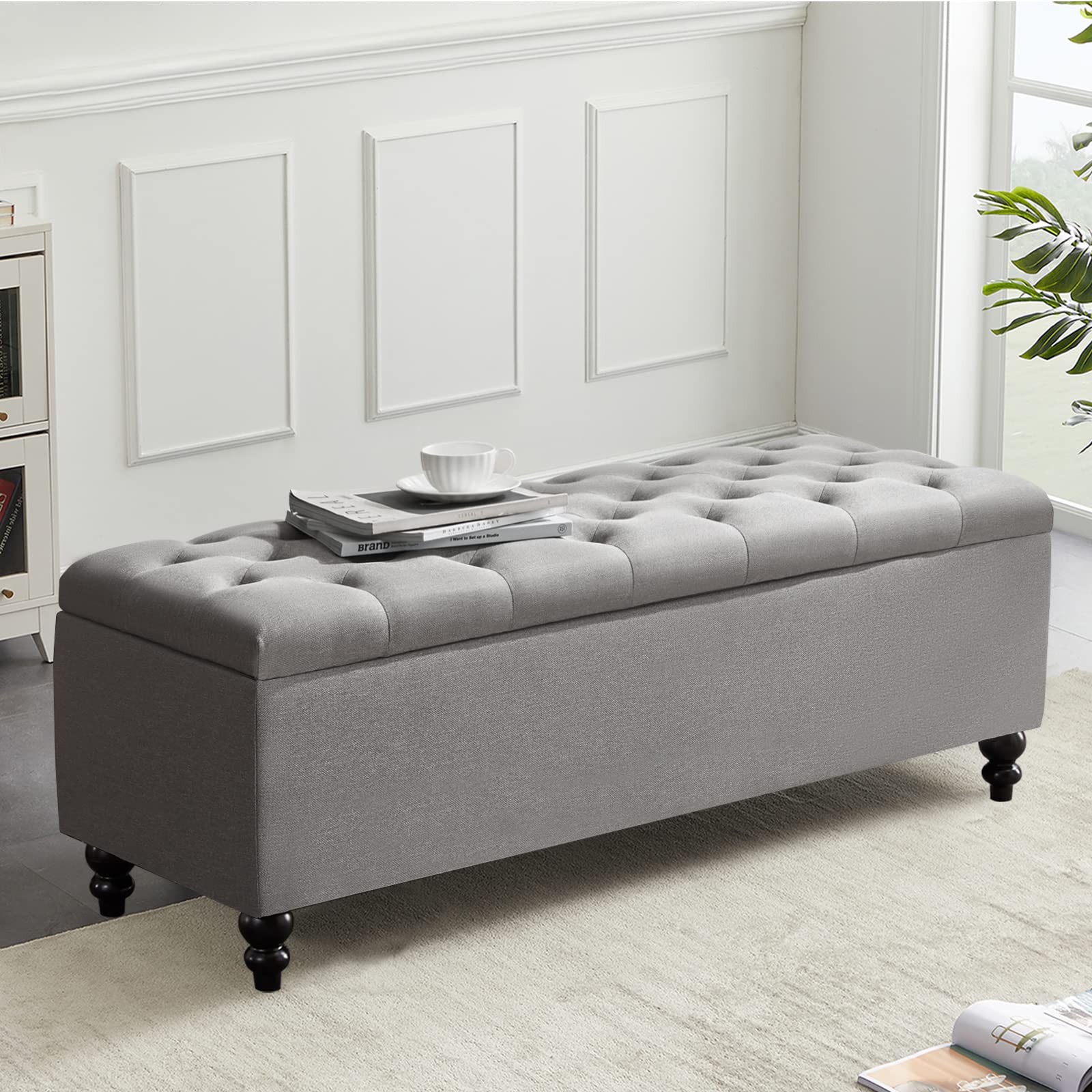Storage Ottoman 50.2 Inches Upholstered Fabric Bench,Button Tufted for Living Room,Bedroom End of Bed Bench Withstands 303lbs (Grey)