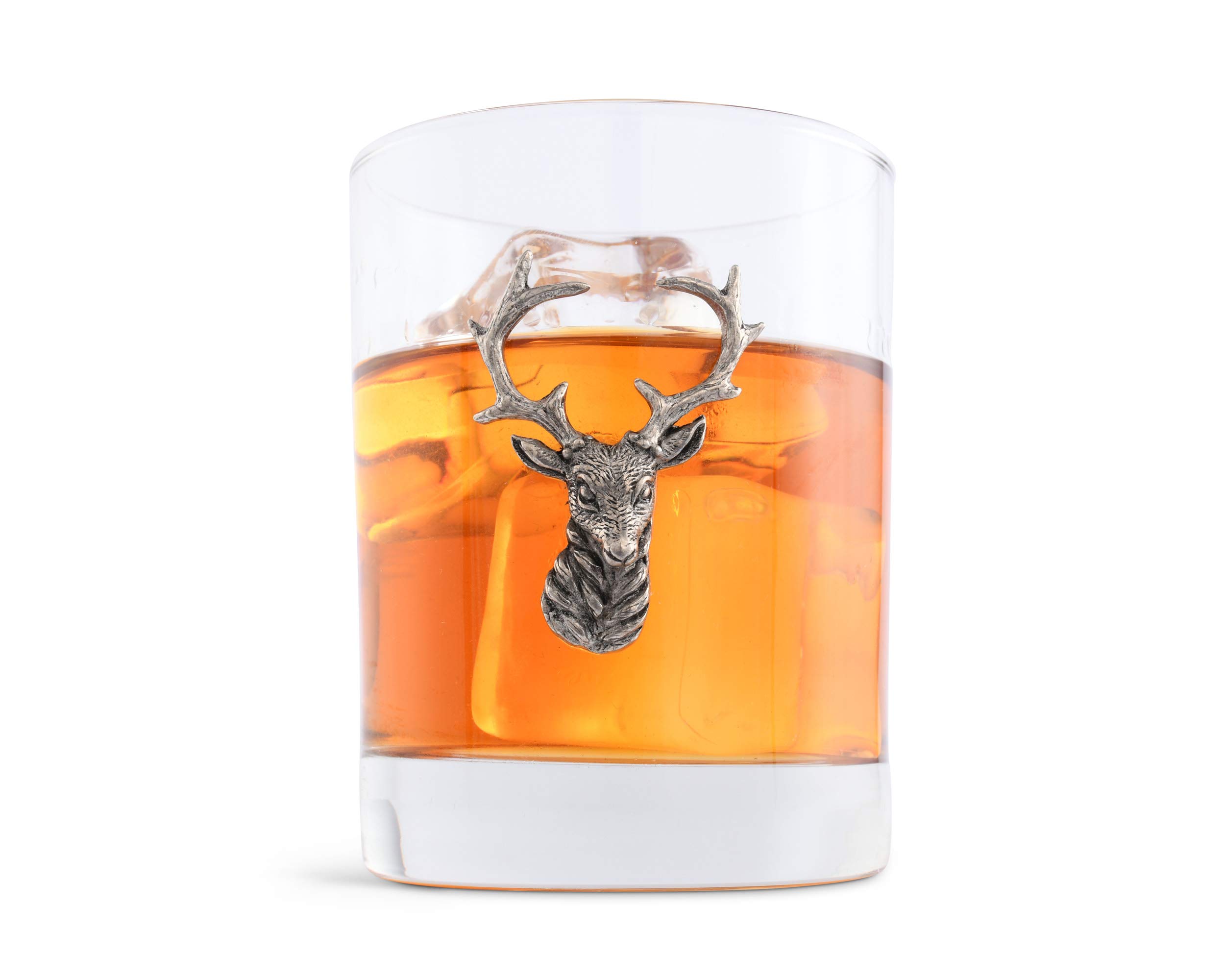 Vagabond House Pewter Elk/Deer Head Double Old Fashion/Bar/Whiskey/Juice/Rocks Deer Head Tumbler Glass Sold as Single 4.5 inch Tall 8 oz
