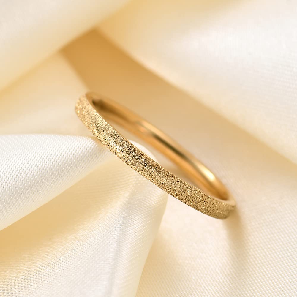 VQYSKO 2PCS 2mm14K Gold Filled Rings Stacking Rings for Women Stackable Thin Sand Blast Glitter Finish Ring 4-9 (Gold-2MM-2PCS, 6)