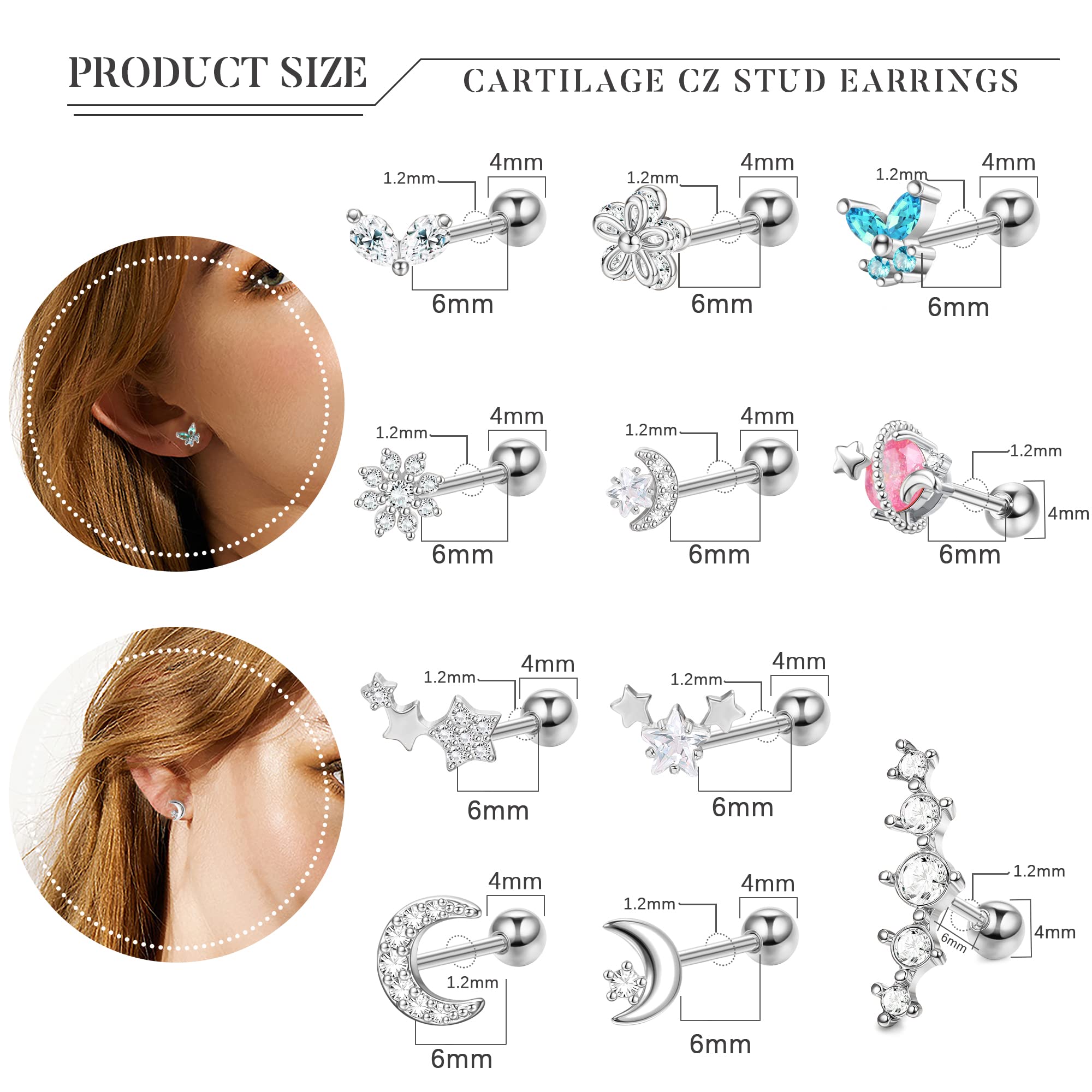 Sanfenly 11Pcs 16G Cartilage Earrings Studs Stainless Steel CZ Forward Helix Tragus Stud Earring Cute Butterfly Moon and Star Cartilage Daith Conch Ear Piercing Jewelry for Women