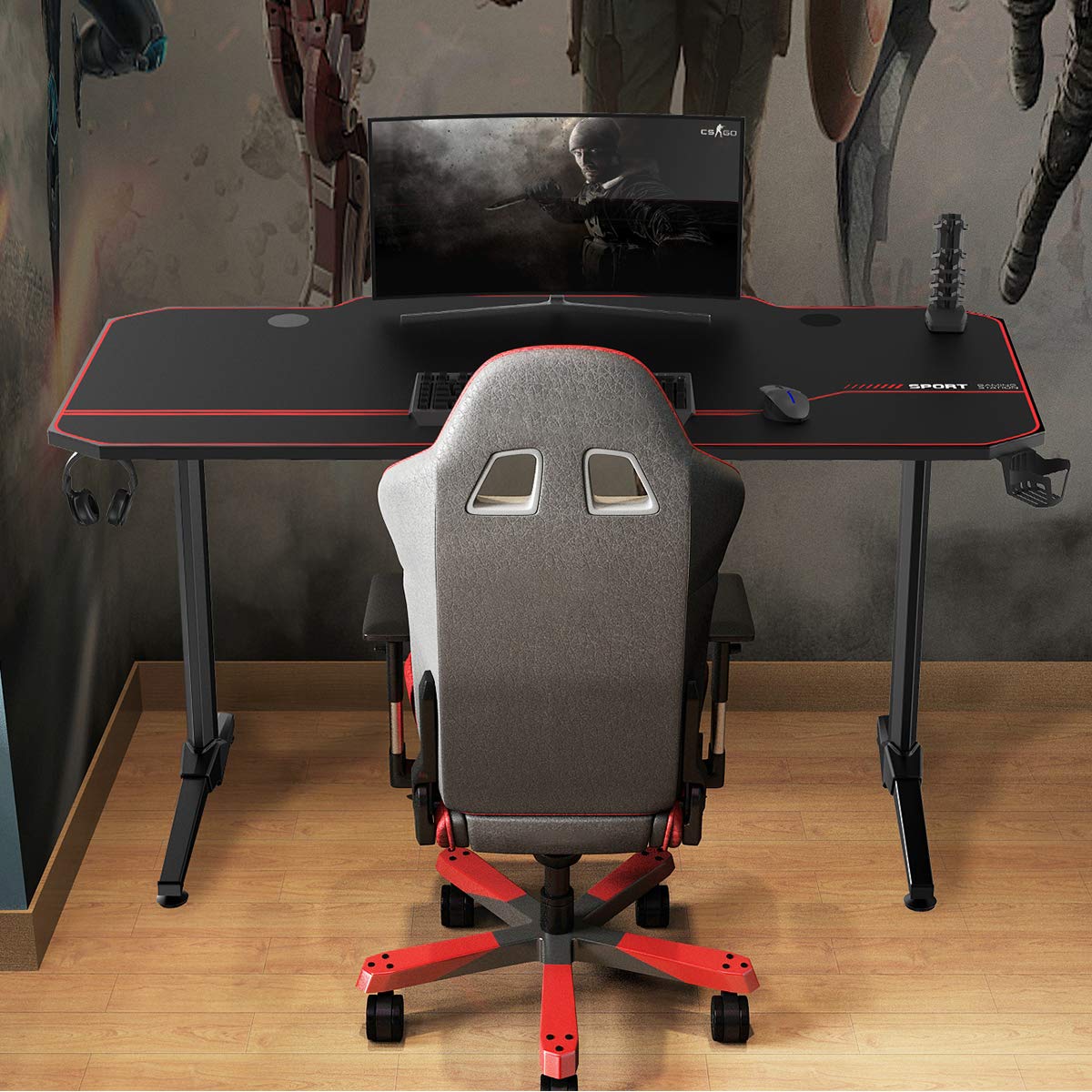 soges 55 inches Gaming Desk Computer Desk Computer Gamer Desk Pro Table Ergonomic PC Desk with USB Charger Cup Holder and XL Mouse Pad