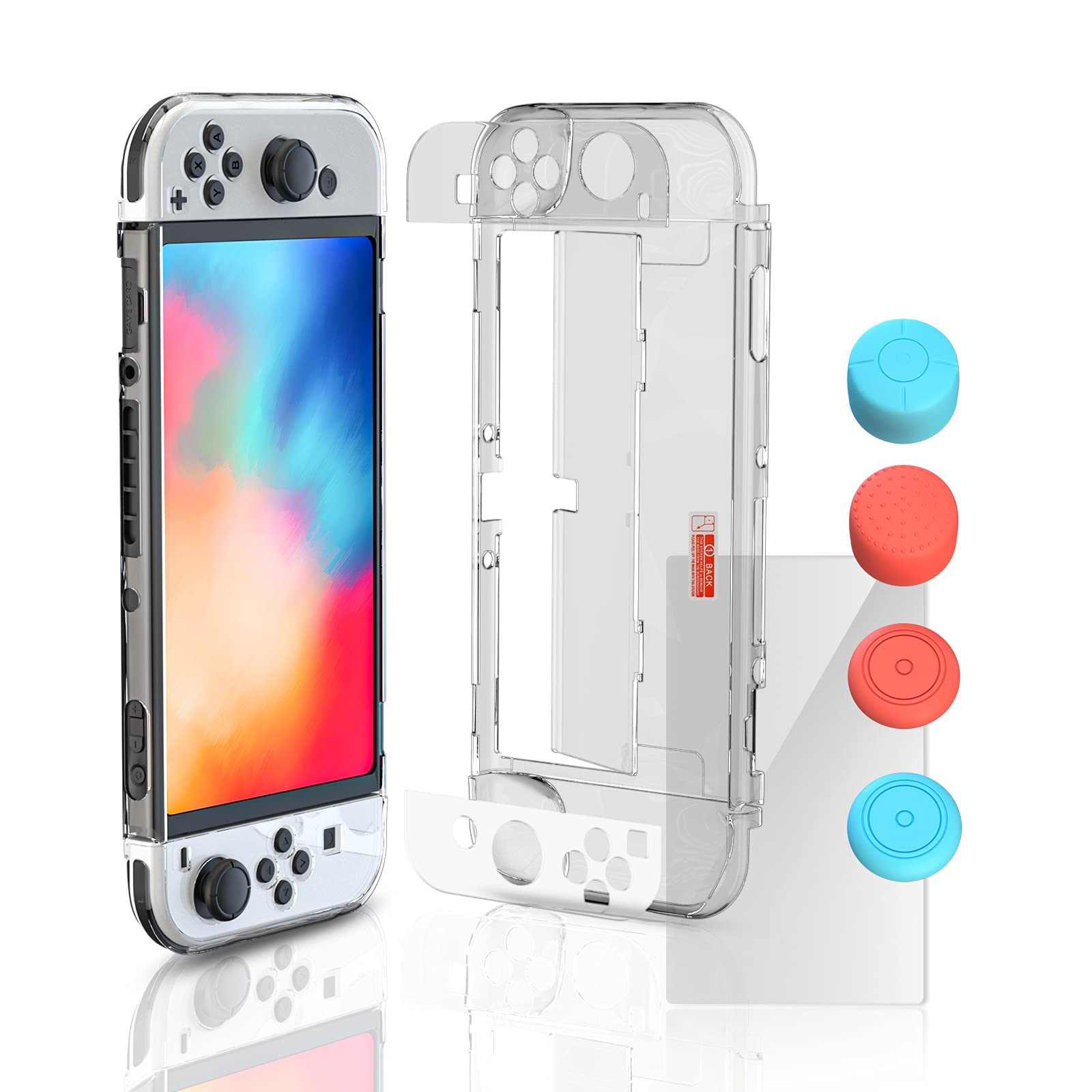 Switch OLED Hard Case, Switch OLED Protective Case Front and Back with Tempered Glass Screen Protector and Thumb Grip Caps