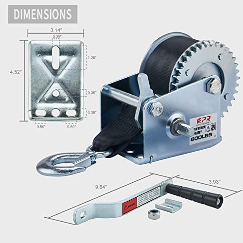 OPENROAD 600lbs Hand Winch Boat Winch, Hand Crank Winch with 6m (20ft) Strap Manual Winches, Two-Way Adjustable Boat Trailer Winch, Corrosion Resistant Towing Winches (600lbs)