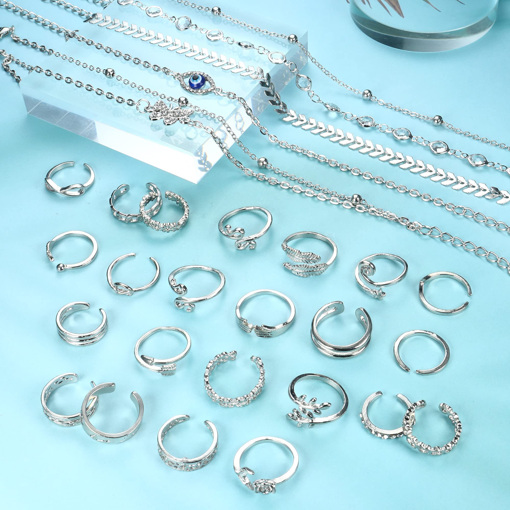 Sanfenly Anklets and Toe Ring Set for Women Silver Anklet Bracelets Open Adjustable Toe Ring Flower Wave Heart Tail Pinky Band Rings Summer Beach Foot Jewelry