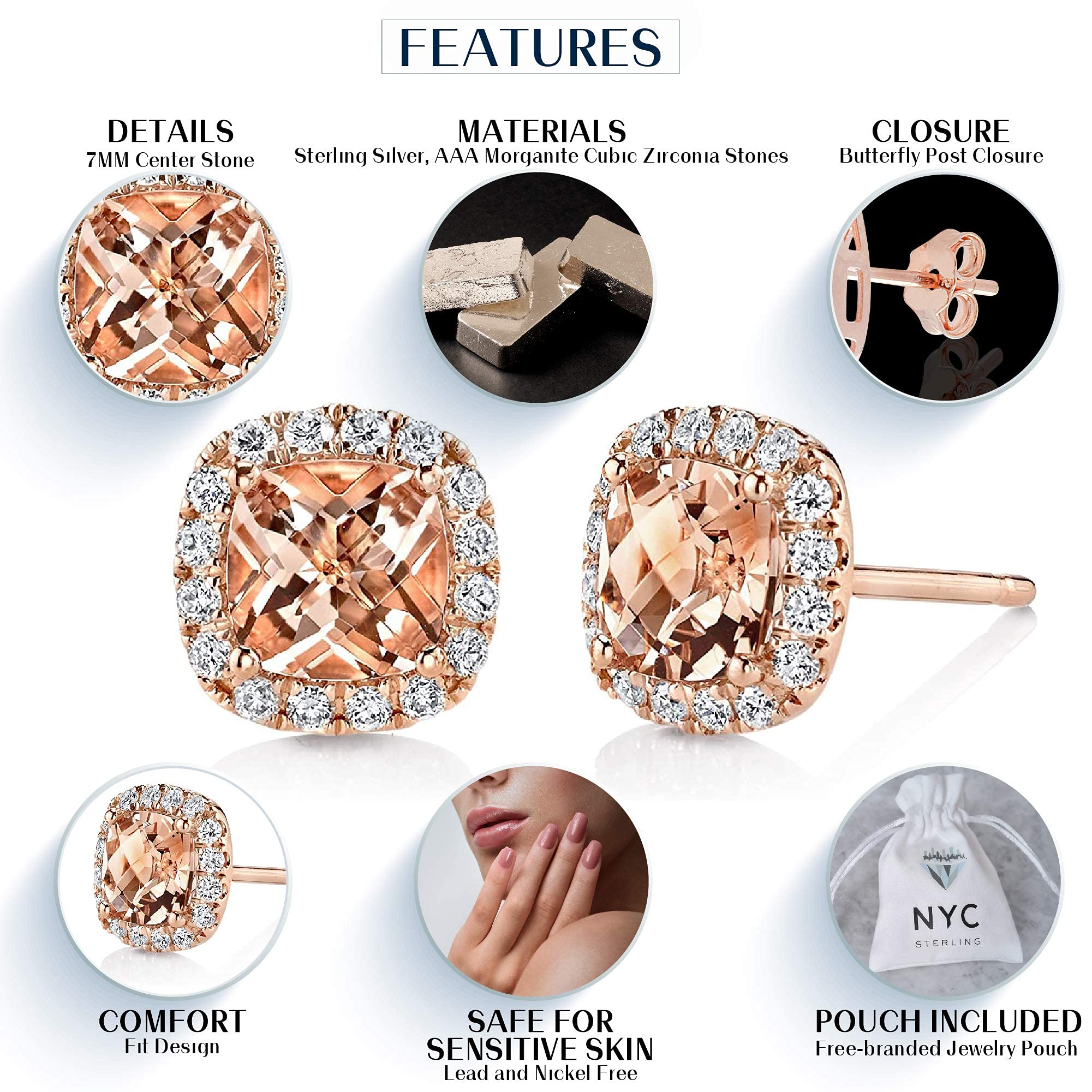 NYC Sterling Women Rose Gold Plated Cubic Zirconia Cushion Simulated Morganite Halo Stud Earring (Cushion)
