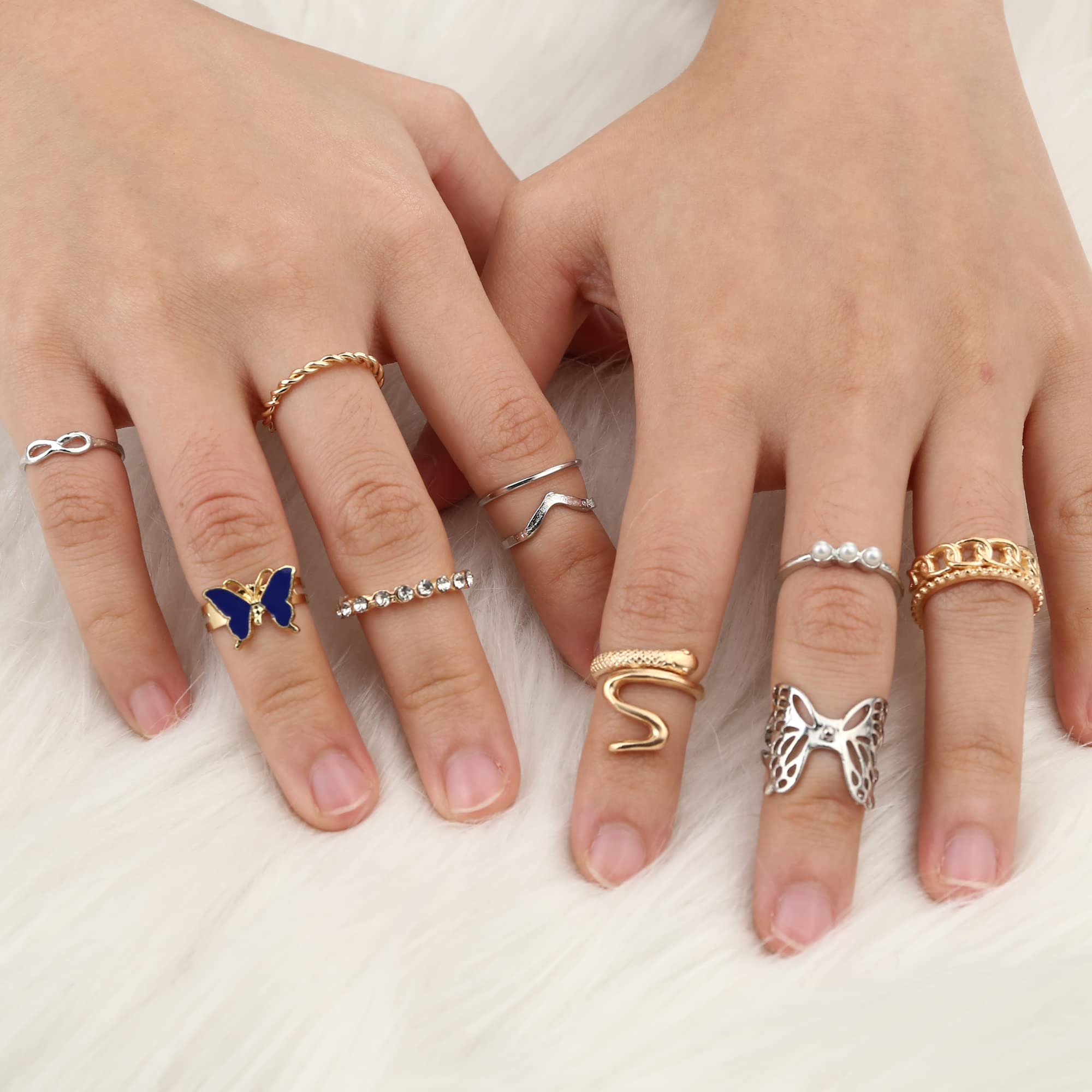 Sanfenly Gold Silver Knuckle Rings for Women Stackable Mid Finger Joint Ring Set Butterfly Snake Crystal Nail Ring Boho Vintage Stacking Ring Pack