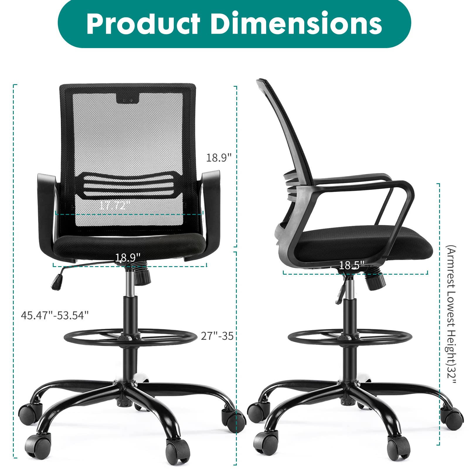 OLIXIS Tall Standing Office Desk Adjustable Foot Ring Drafting Chair, Darkblack