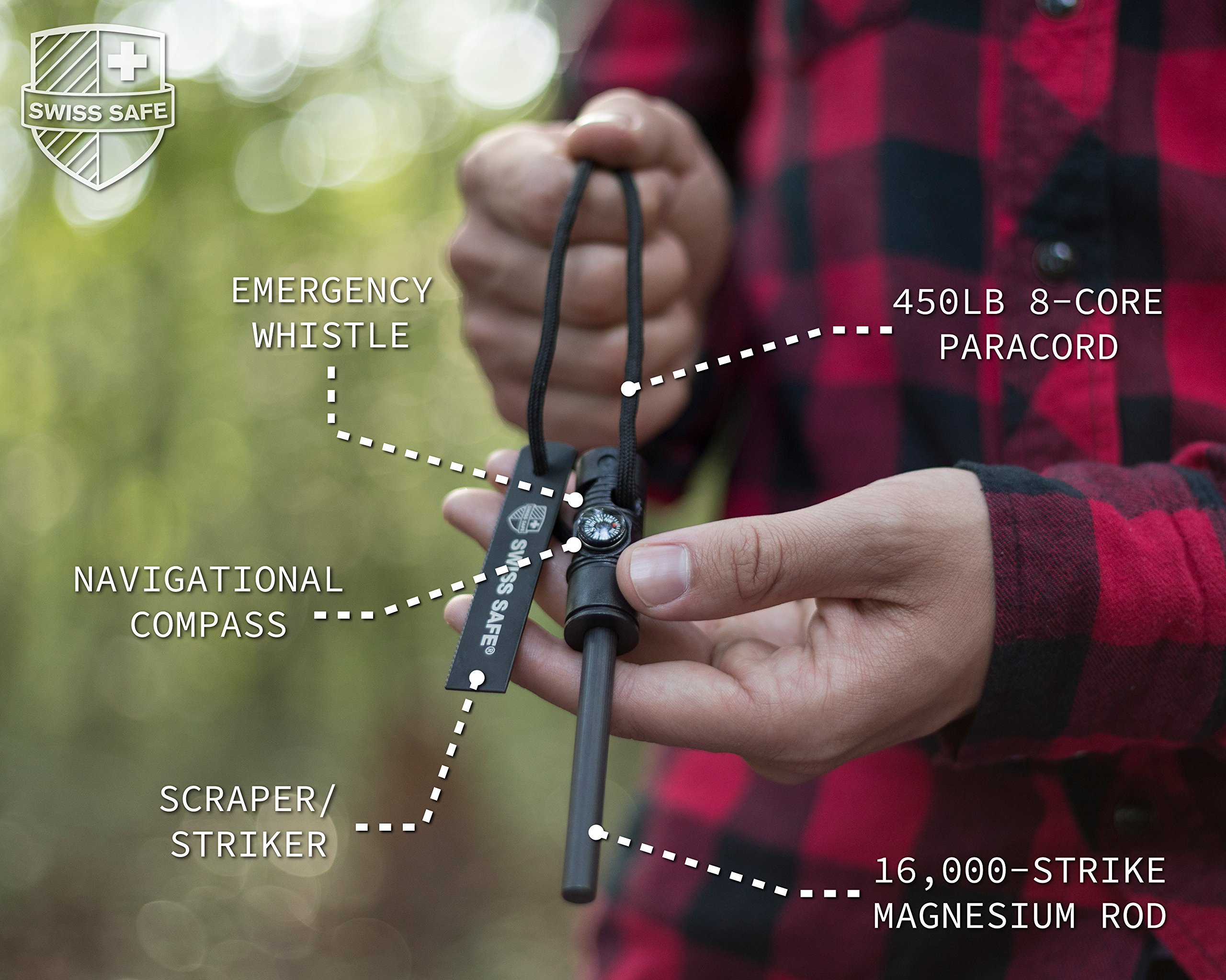 Swiss Safe 5-in-1 Magnesium Ferro Rod Fire Starter Survival Tool - Flint & Steel Striker, Compass, Paracord & Whistle - Emergency Kit for Backpacking, Camping, Hiking - All-Weather - Jungle, 2-Pack