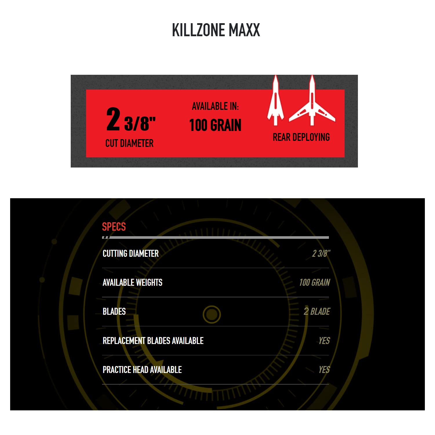 NEW ARCHERY PRODUCTS Killzone Maxx 2 Blade Rear-Deploying 100 Grain Cut-On-Contact Tip Mechanical Broadheads with 2 3/8" Cutting Diameter & Spring-Clip Design - 3 Pack