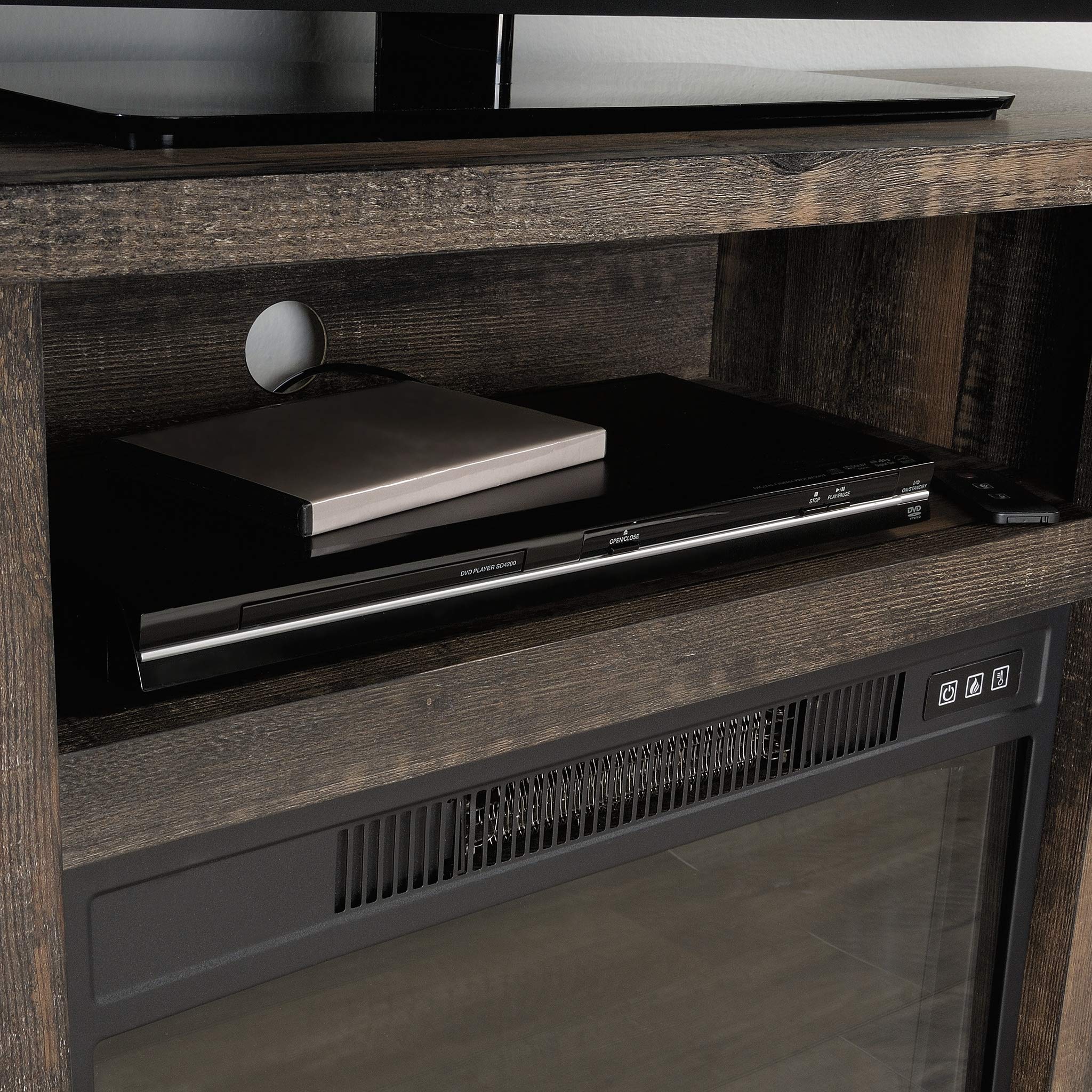 Sauder Miscellaneous Entertainment TV Console with Storage & Electric Fireplace, for TVs up to 54", Carbon Oak Finish