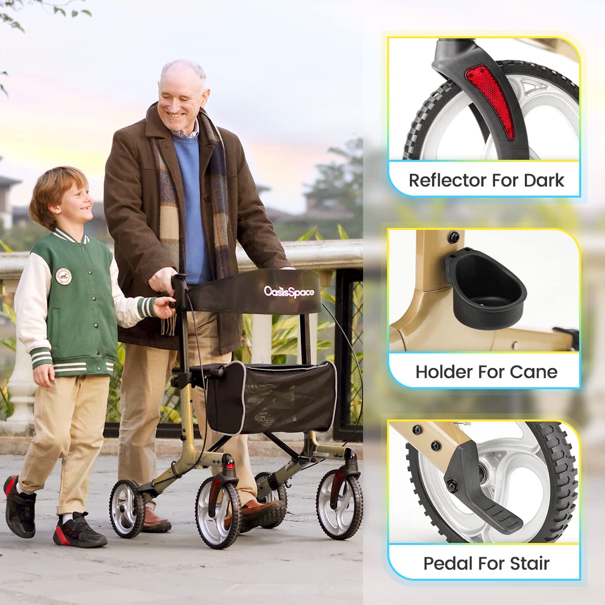 OasisSpace Lightweight Rollator Walker with Seat,Blue Rollator Walker with Seat and Gear Wheels,Walker Supports up 300 lbs,Rolling Walker with Comfort Handles and Thick Backrest (Blue))
