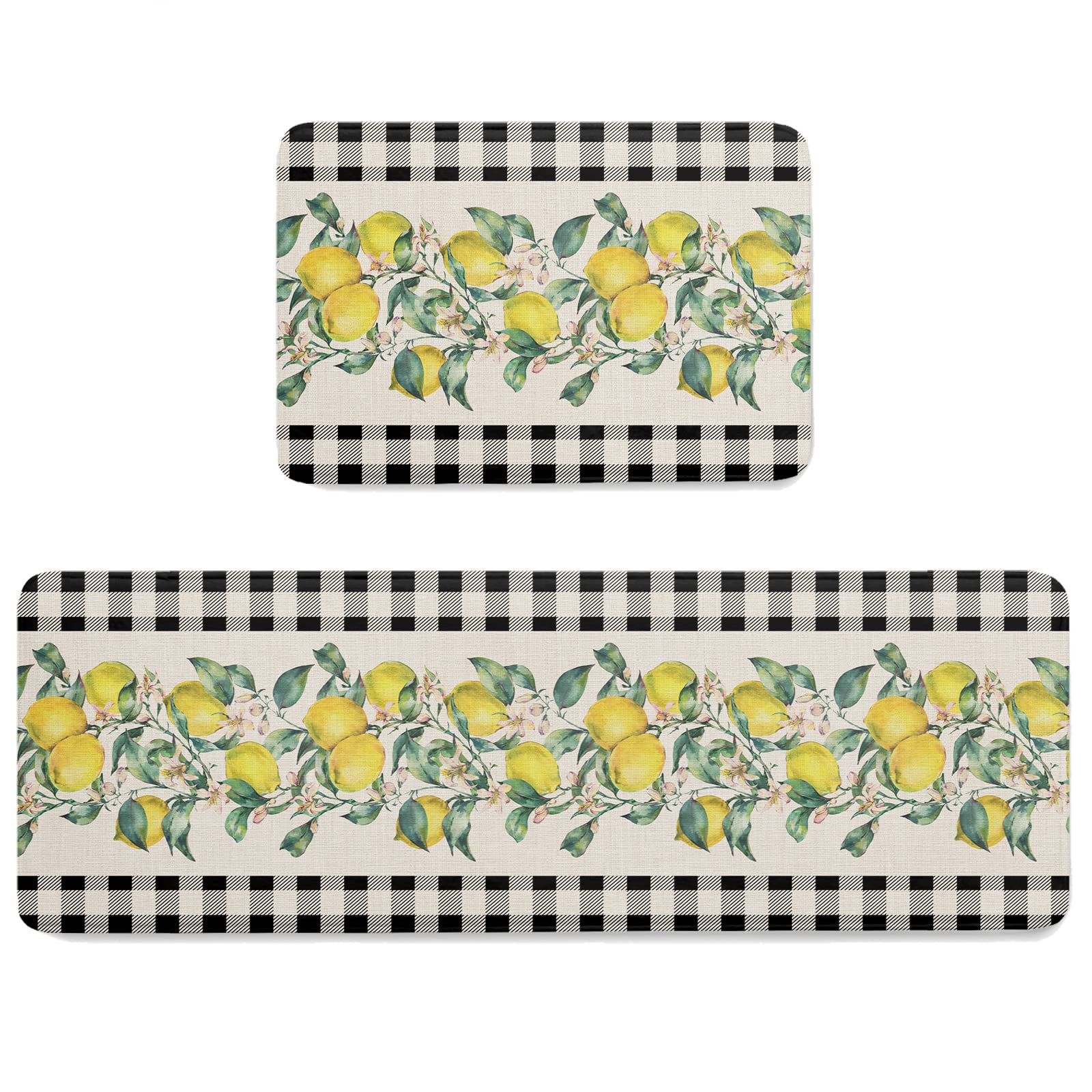 Summer Kitchen Rugs and Mats Watercolor Yellow Lemon Fruit Flower 2 Piece Comfort Standing Floor Mat Non Slip Absorbent Doormats for Laundry/Bathroom/Bedroom Decor Vintage Check Linen