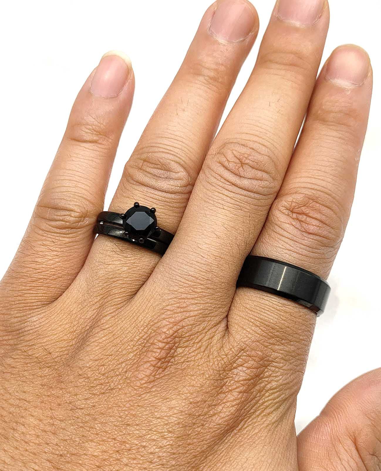 Ringcrown 2 Rings Couple Rings Bridal Sets Black Cz Womens Wedding Ring Sets Titanium Steel Man Wedding Bands