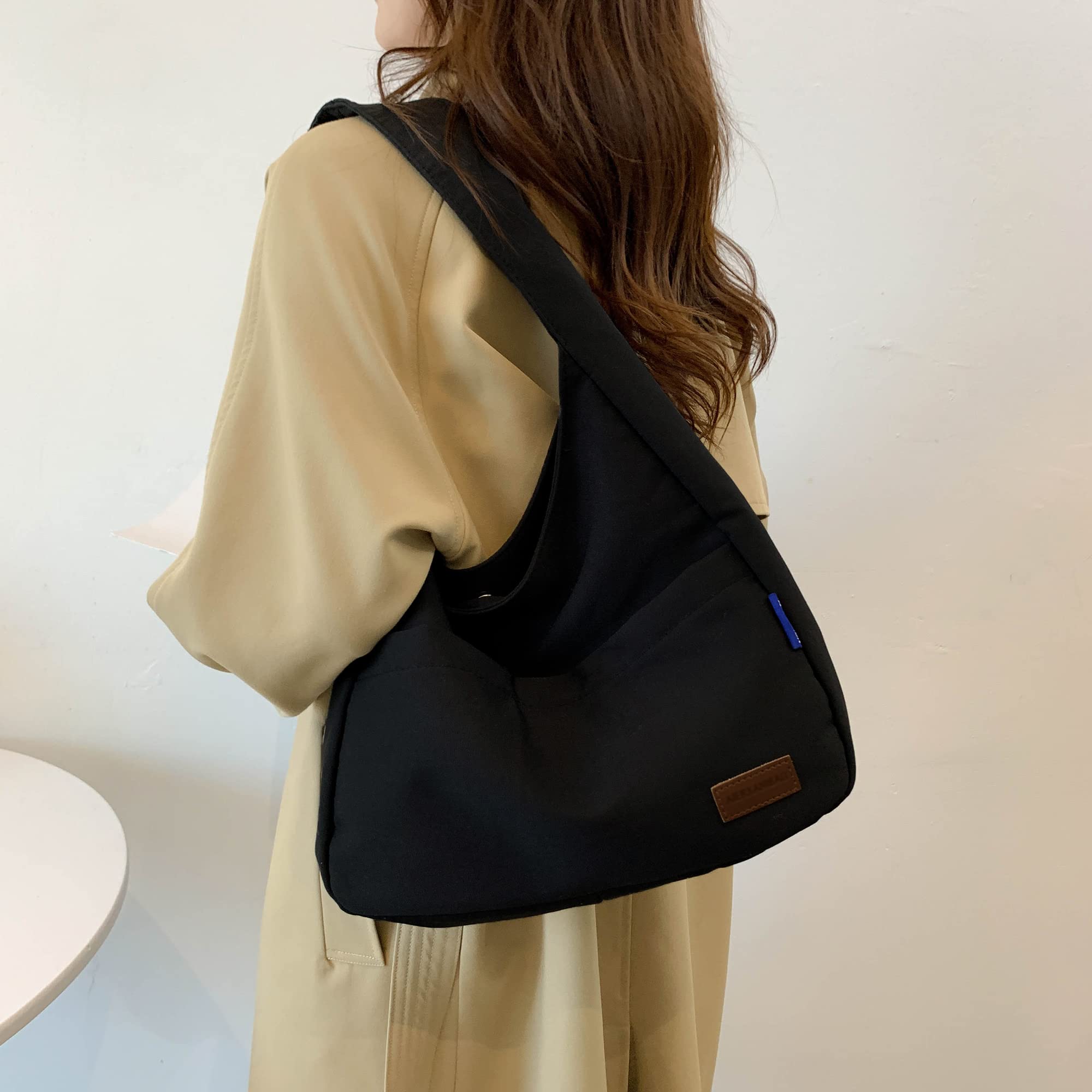Women Nylon Tote Bag Large Hobo Handbag Casual Shoulder Bag with Pockets for Travel Work Shopping(Black)
