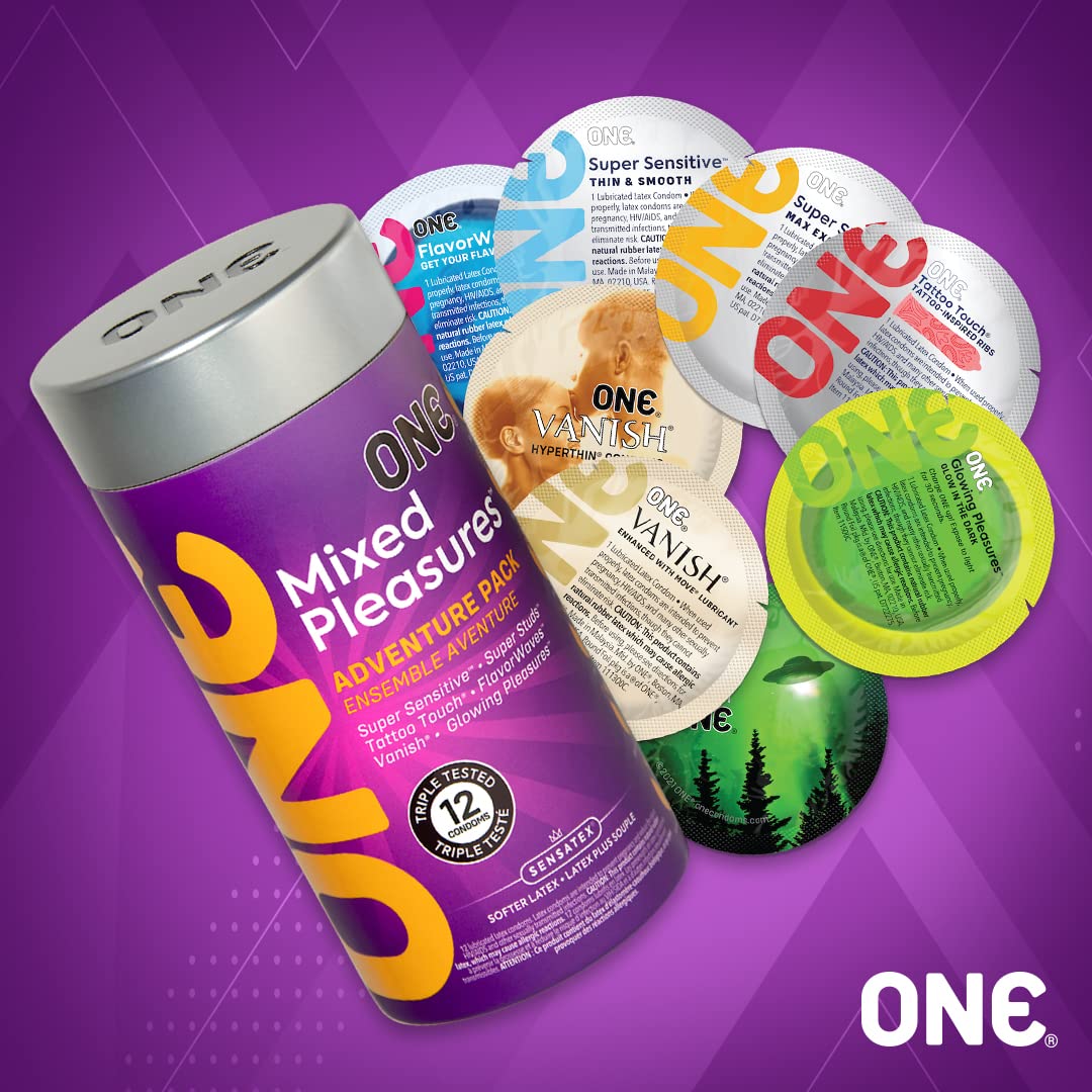 ONE® Condoms Mixed Pleasures™ | Variety Condom Pack | Thin Condoms, Glow in The Dark Condoms, Studded Condoms | 12 Pack