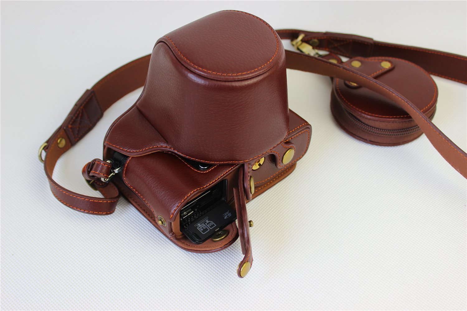 Olympus Pen-F Case, BolinUS Handmade Genuine Real Leather Fullbody Camera Case Bag Cover for Olympus Pen-F Bottom Opening Version with Neck Strap - Brown