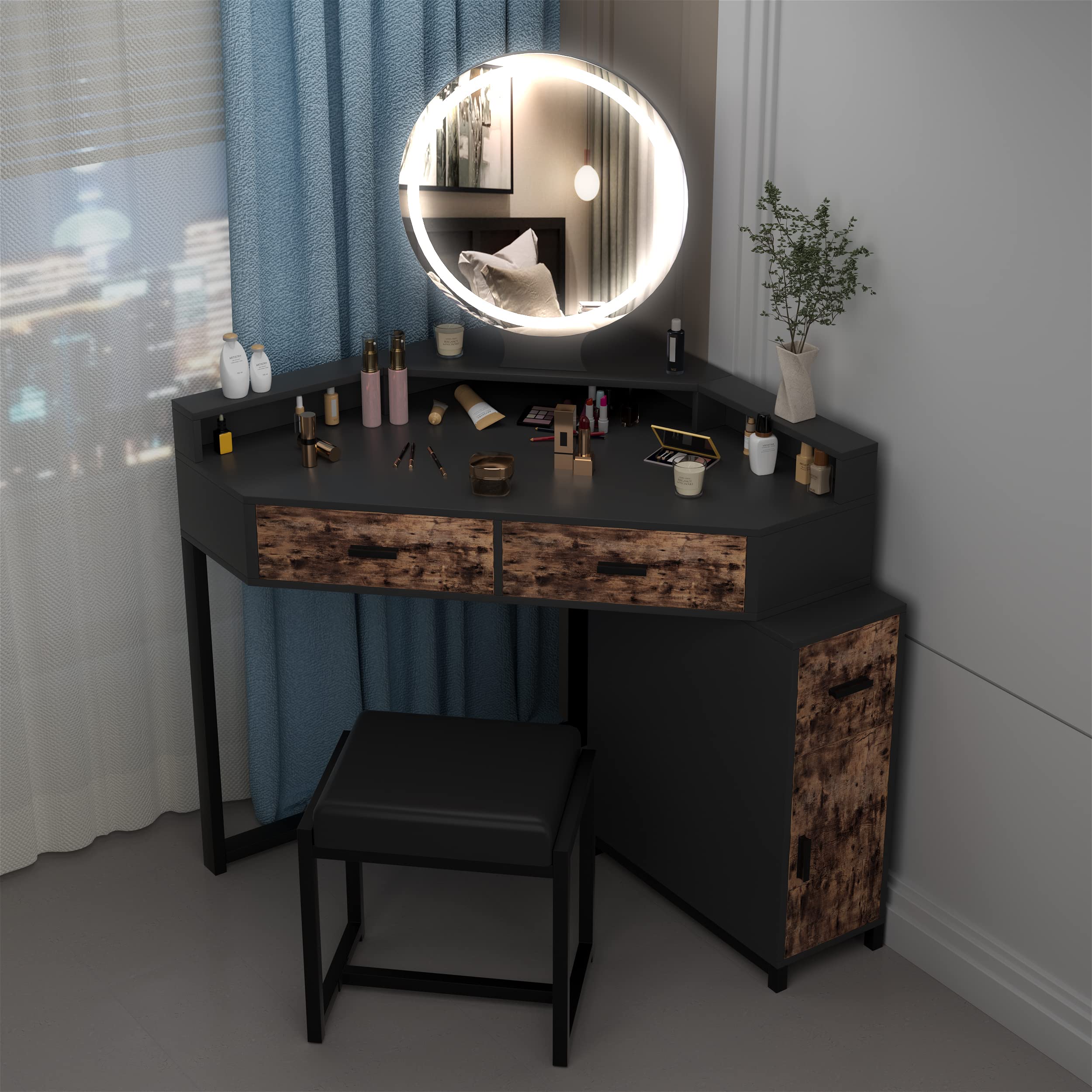 PAKASEPT Corner Vanity Set with Lighted Mirror, Makeup Dressing Table with Drawers, Cabinet and Cushioned Stool, Girls Vanity Desk for Bathroom, Bedroom