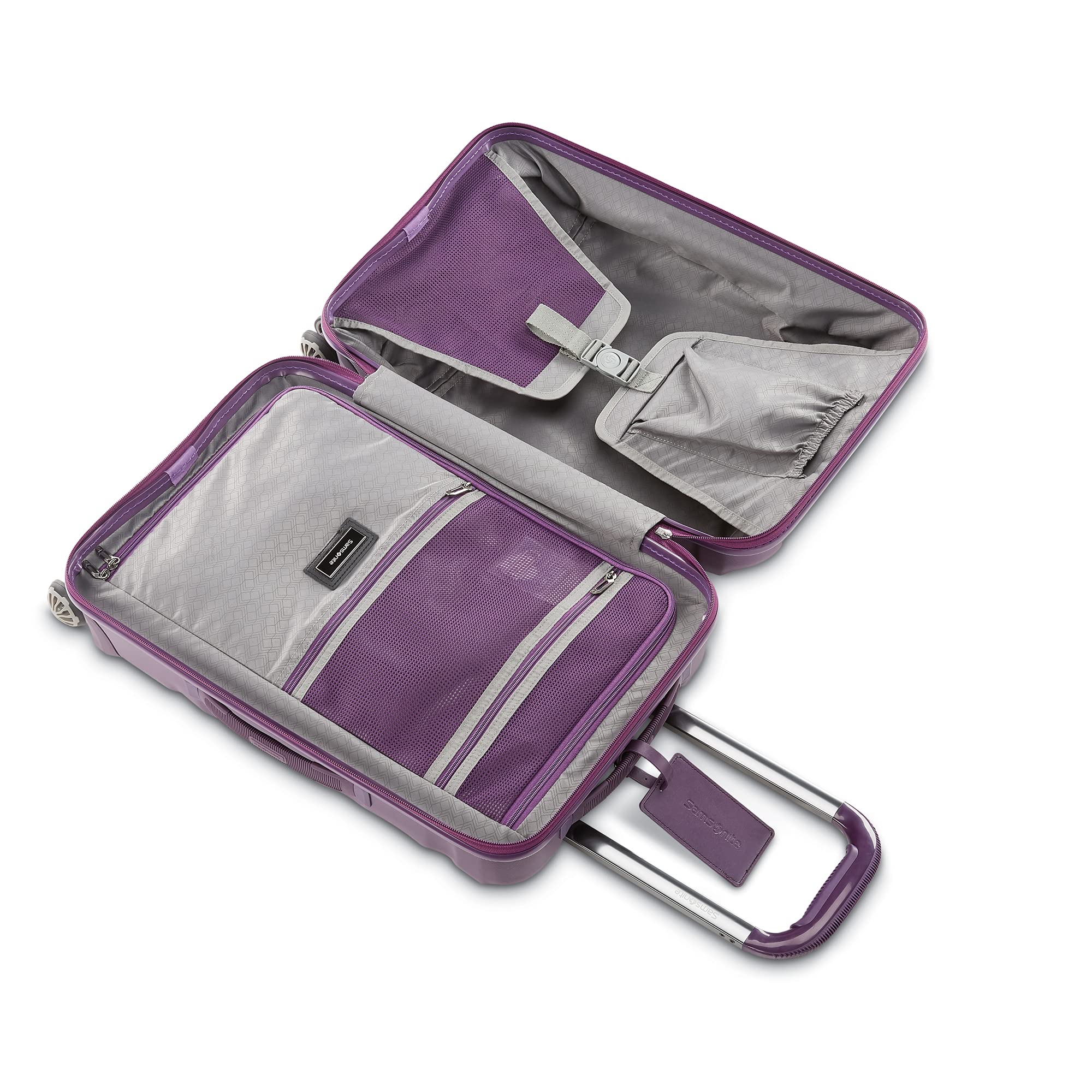 Samsonite Xcalibur XBT Spinner Hard Side Wheeled Carry On Travel Suitcase with USB Charging Port, Packing Cubes, and Adjustable Handle, Purple