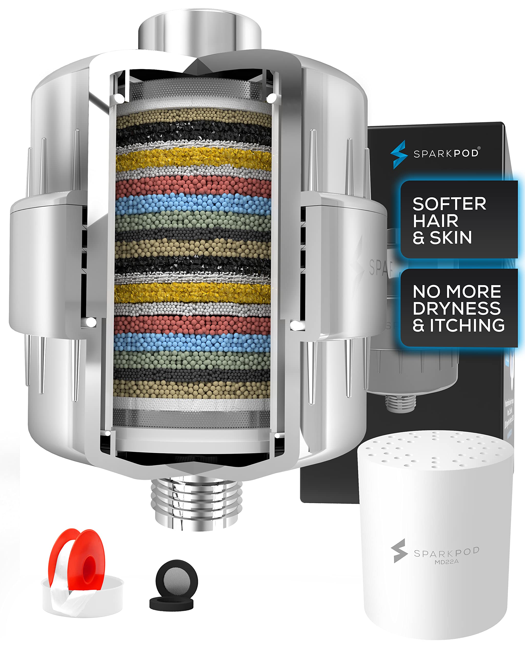 SparkPod High Output Shower Filter Capsule - Suitable for People with Sensitive and Dry Skin and Scalp, Filters Chlorine and Impurities | 1-min install (Elegant Brushed Nickel, New Formula)