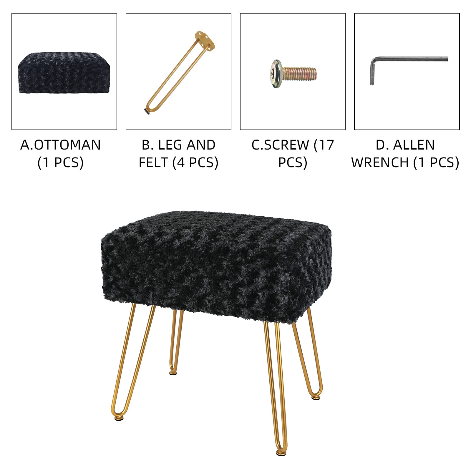 PAKASEPT Vanity Stool for Makeup Vanity Seat Soft Ottoman 4 Metal Legs with Anti-Slip Feet (Black)