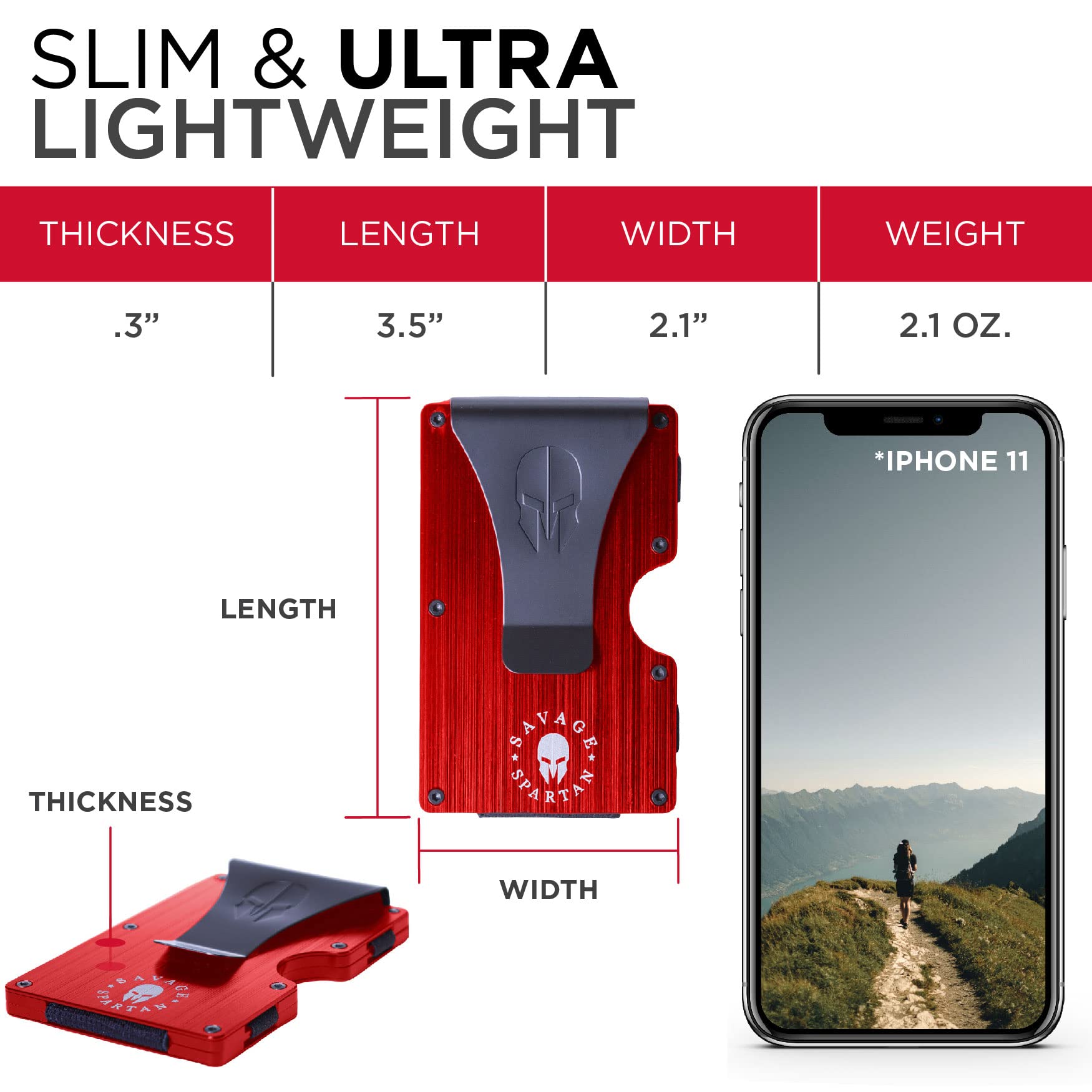 SAVAGE SPARTAN Tactical Wallet | Slim Minimalist RFID Blocking Aluminum Metal Credit Card Holder with Money Clip for Men (Red)