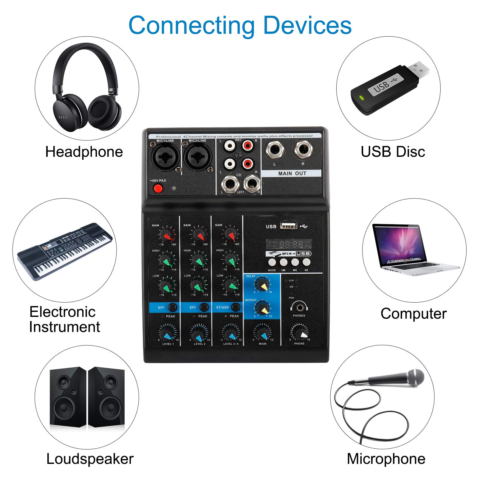Patioer 4 Channels Mini USB Audio Mixer Amplifier Console bluetooth Recording Phantom