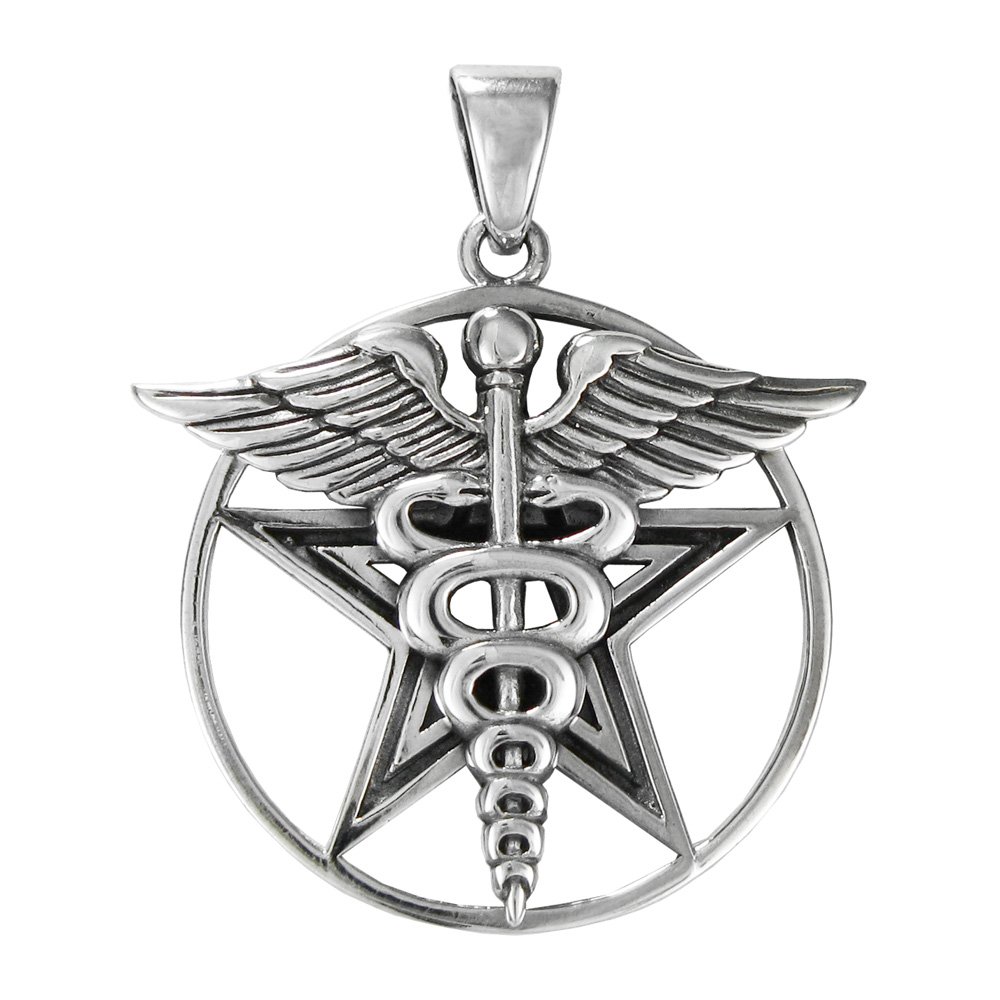 Moonlight Mysteries Caduceus Asclepius Rod Healers Pentacle Pendant - Sterling Silver Healing Jewelry for Women and Men