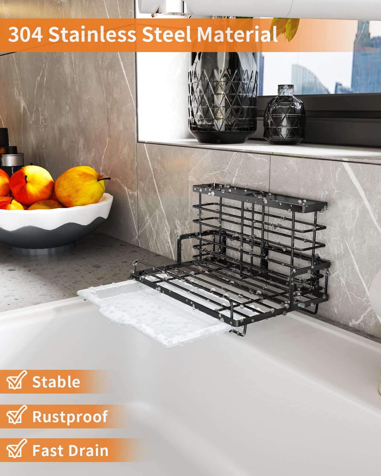 SWTYMIKI Sink Caddy Kitchen Sink Organizer, Large Capacity Sink Sponge Caddy with Pull-Out Drainage Tray Rustproof Kitchen Sponge Holder with Detachable Basket for Sponge and Brush, Black