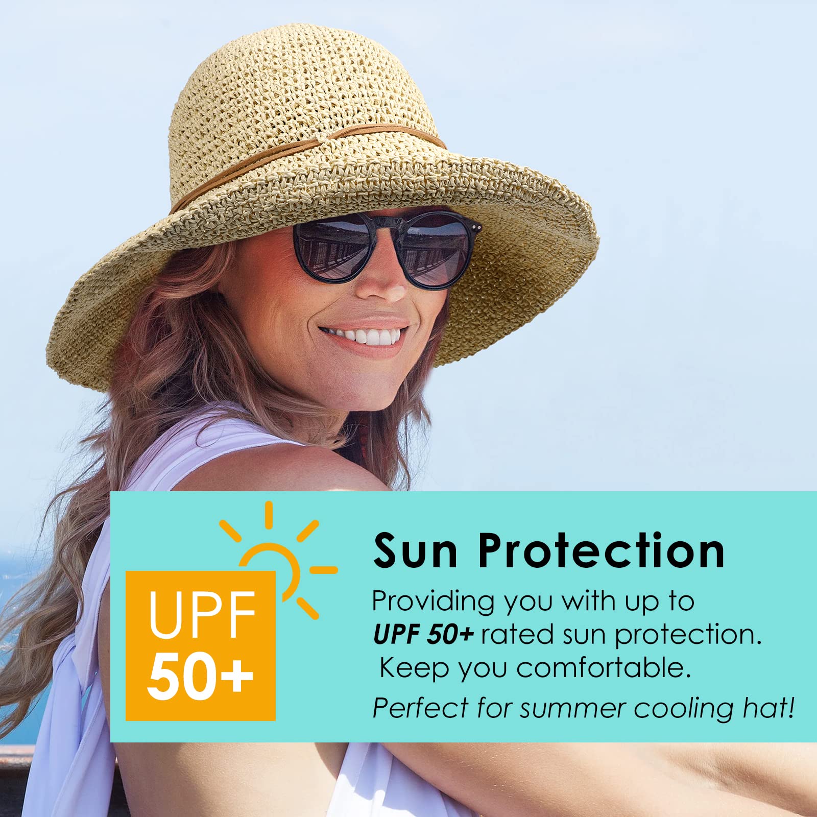 Women's Foldable Straw Sun Hat Wide Brim UPF 50+ Crochet Summer Floppy Beach Hat Beige