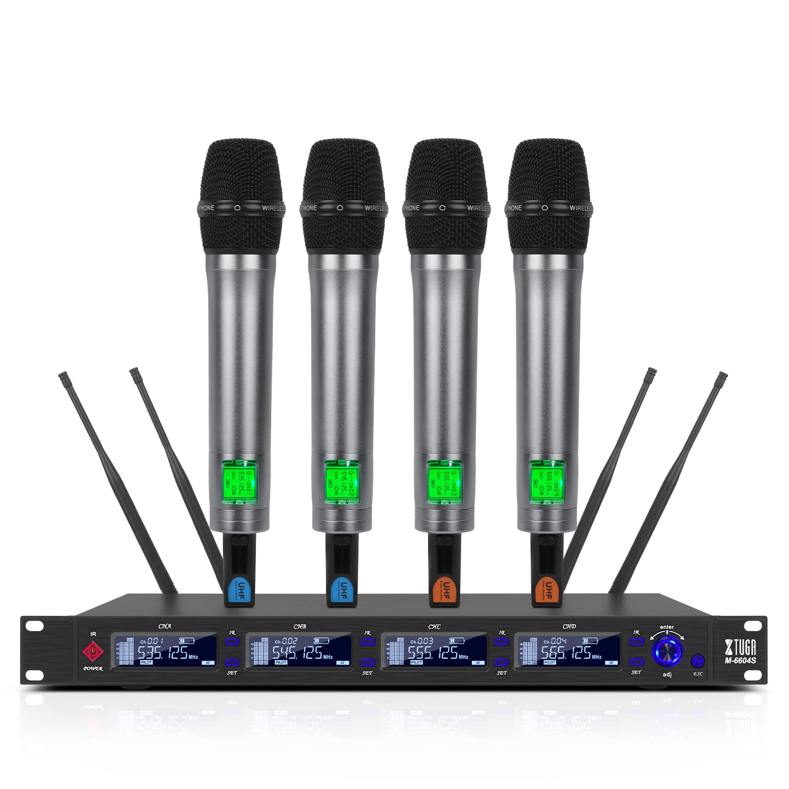 XTUGA M-6604S Professioanl 4 Channel Wireless Microphone System,True Diversity Cordless Handheld Microphone Whole Metal Bulid with IR Function EQ Effect,Long Range 390ft for Church/Karaoke/Weddings