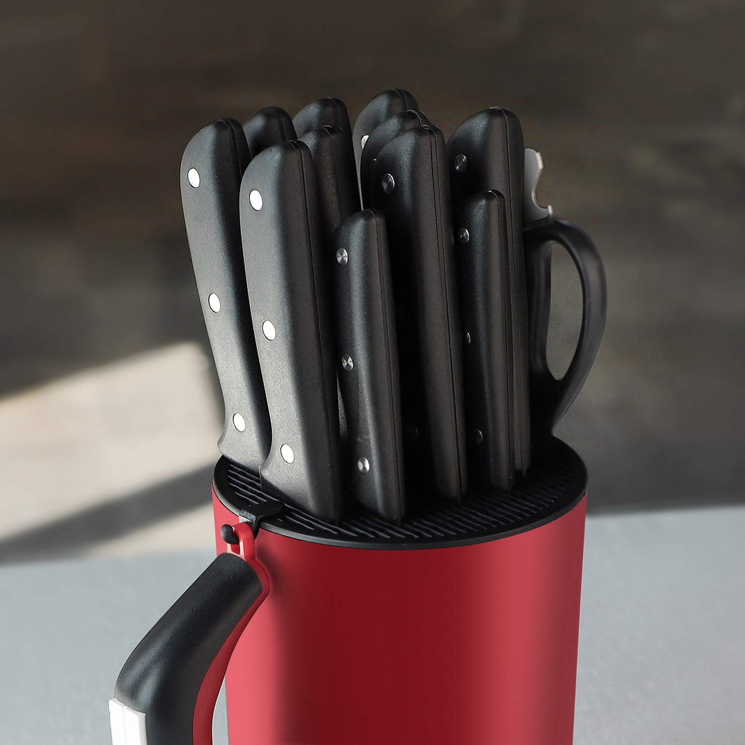 OOU Universal Knife Block Holder - Round Kitchen Knife Storage Unique Slot Design to Protect Blades, Space Saver Knife Organizer Detachable for Easy Cleaning, Red