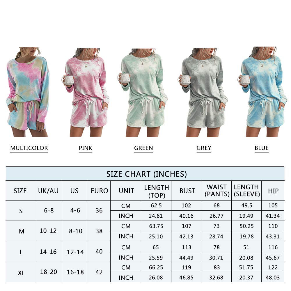PRETTYGARDEN Women's Tie Dye Printed Pajamas Set Casual Long Sleeve Tops with Lounge Shorts Two Piece Sleepwear (Grey,Medium)