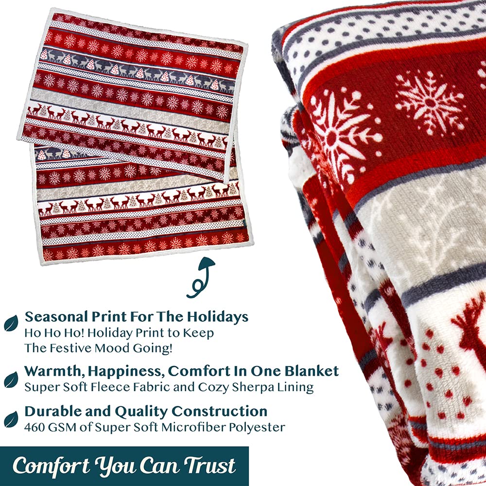 PAVILIA Premium Christmas Sherpa Throw Blanket | Christmas Decoration Reindeers, Fleece, Plush, Warm, Cozy Reversible Microfiber Holiday Blanket 50 x 60