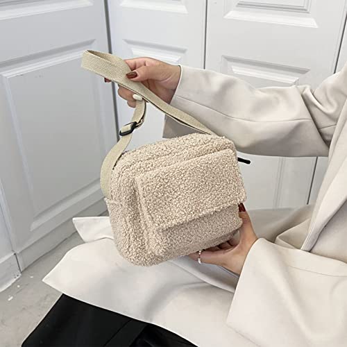 Women Plush Shoulder Bag Crossbody Handbag Lamb Wool Messenger Bag Fluffy Tote Bag (Khaki, One Size)