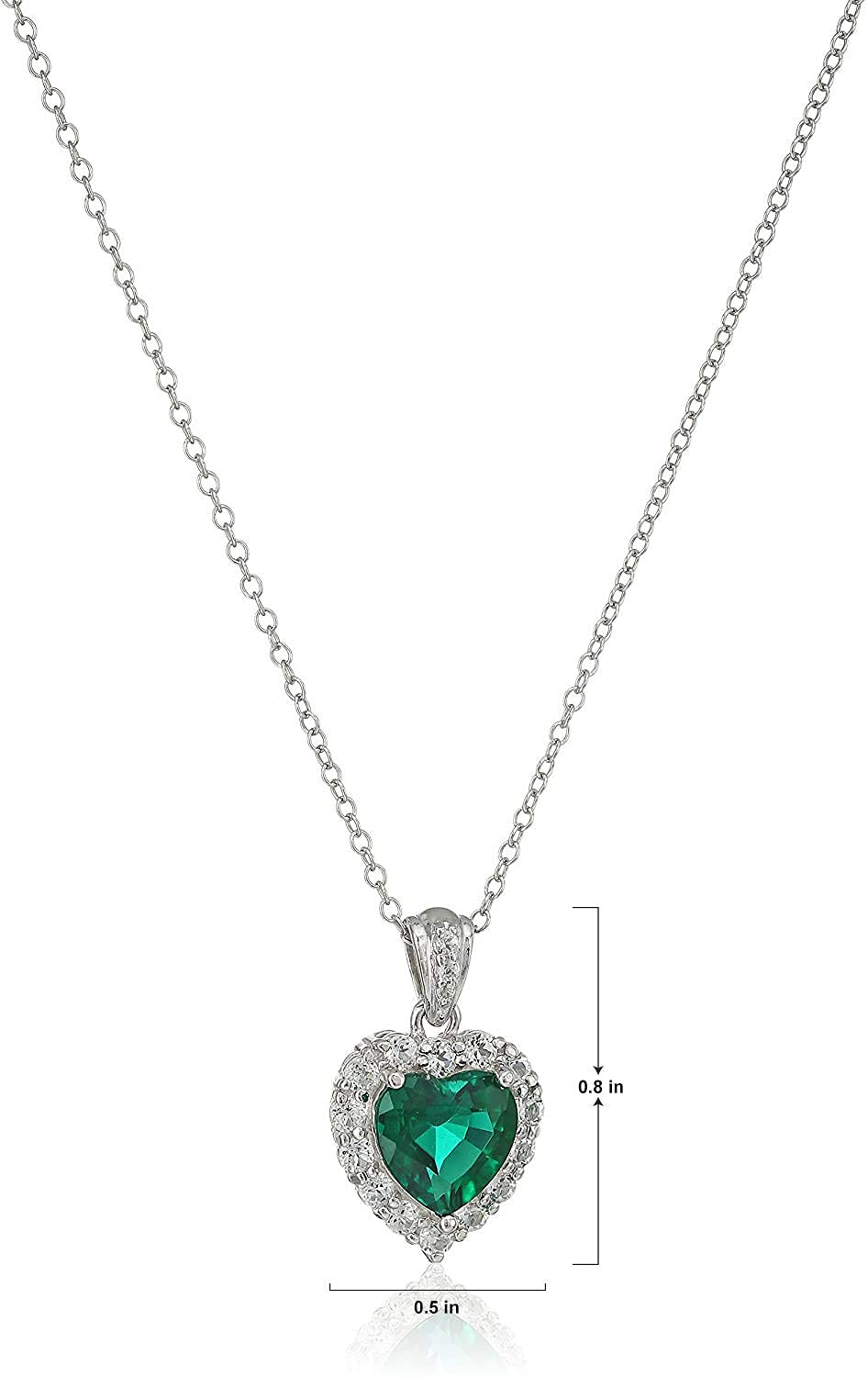 MORGAN & PAIGE Platinum-Plated .925 Sterling Silver Lab-Grown Emerald 1/2" Heart Pendant with White Topaz Halo on 18" Chain Necklace - May Birthstone