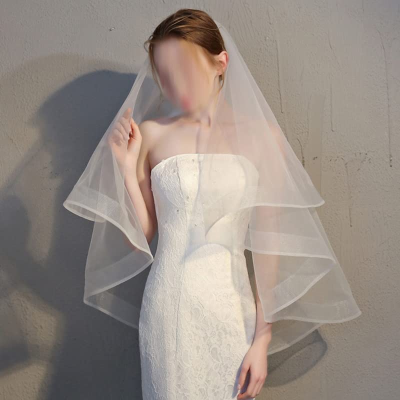 XBWEI 2 Tier Short Illusion Veils Longest Tulle 35" Wedding Bridal Veil with Metal Comb White Hair Accessories for Bride