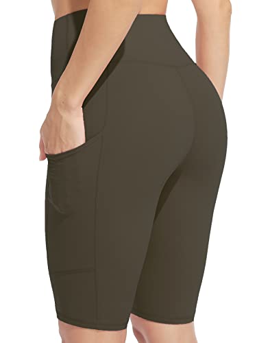 SOCIALA Womens Long Biker Shorts with Side Pockets Athletic Running Gym Workout Short Olive