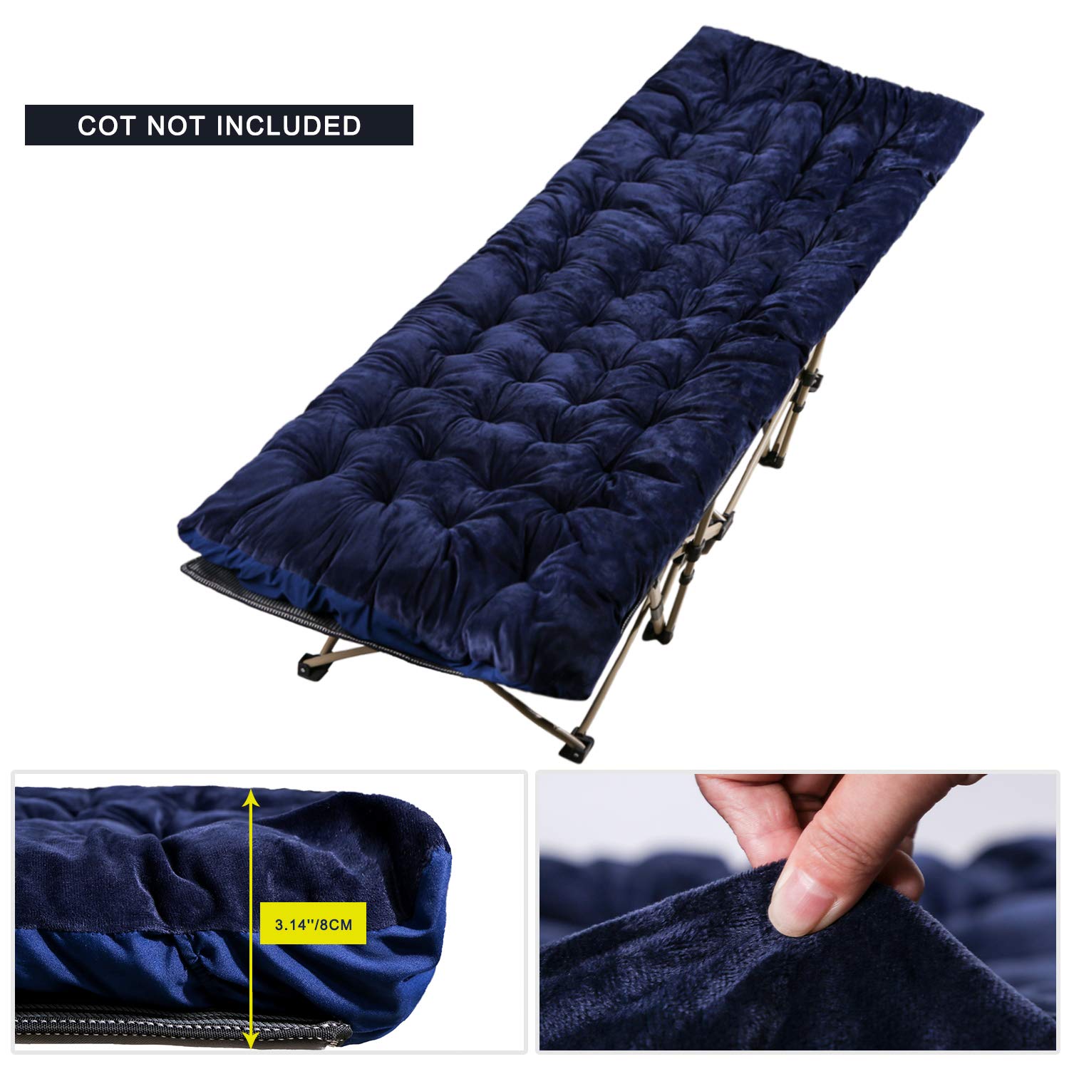 RedSwing XL Cot Mattress Pad, Cot Pads for Camping, 3.2'' Thick Cotton Camping Cot Mattress Pads, Soft and Comfortable, Blue 75"x28"
