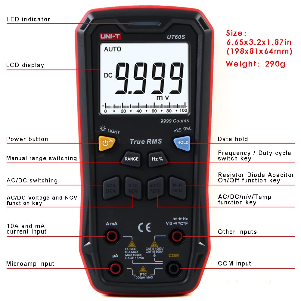 UNI-T Digital Multimeter UT60S, True RMS, NCV Measures Voltage Current Resistance Capacitance Frequency Duty Cycle, Tests Diodes Transistors Data Hold Auto Range