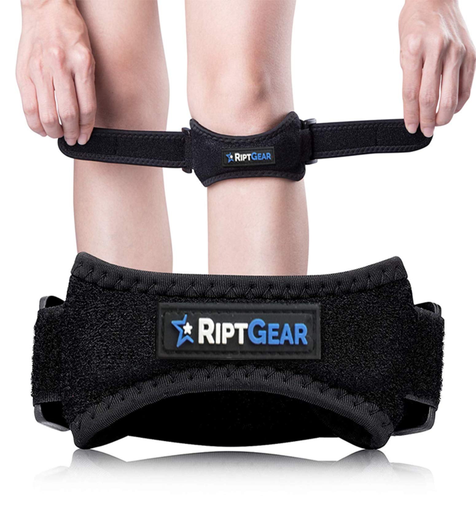 RiptGear Patella Tendon Support Strap - Adjustable Patella Knee Strap - Patellar Stabilizing Knee Compression Strap for Knee Pain - Tendon Strap for Jumpers Knee, Running and Sports (Black (1 Pack))