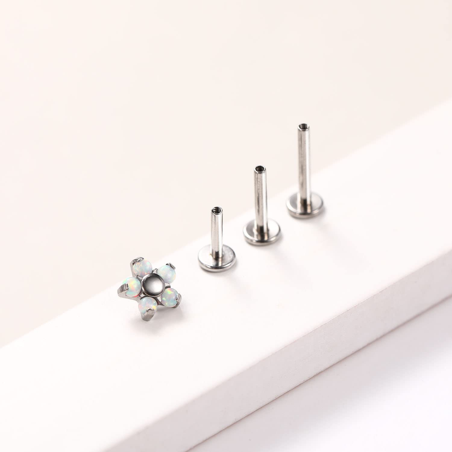 Tragus Piercing Jewelry Cartilage Earring Lip Studs G23 Titanium Earrings Silver Stud Conch Piercing Jewelry Helix Earrings Stud Flower Opal End with 16g 6mm 8mm 10mm Internally Threaded Labret Post