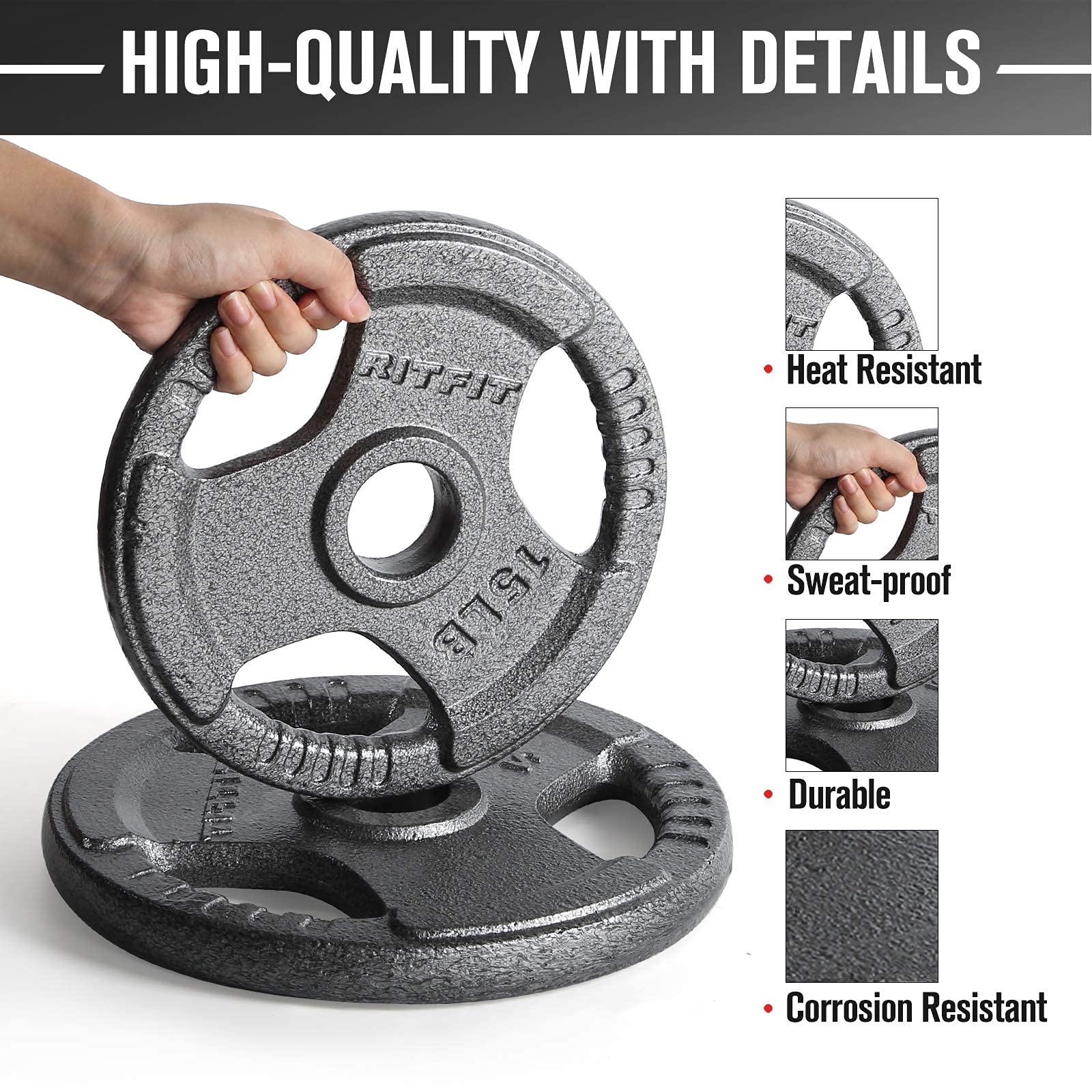 RitFit Grip Plate for Barbell, 2-inch Iron Olympic Weight Plate for Weightlifting and Strength Training in Home & Gym(45LB, Single)