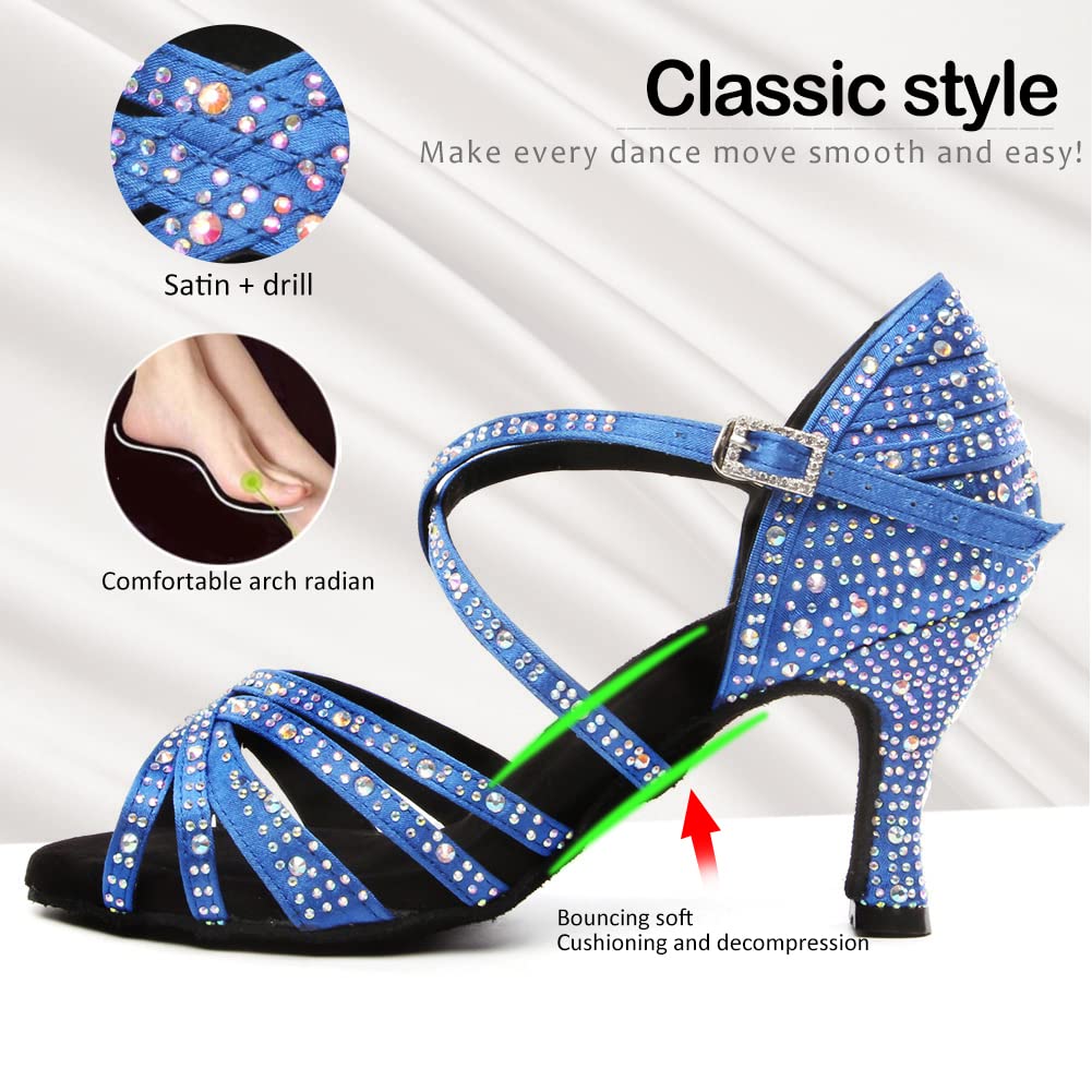 SWDZM Women's Rhinestone Dance Shoes Ballroom Latin Salsa Performance Practice Dancing Shoes,L377,Blue,Heel 3'',US 6