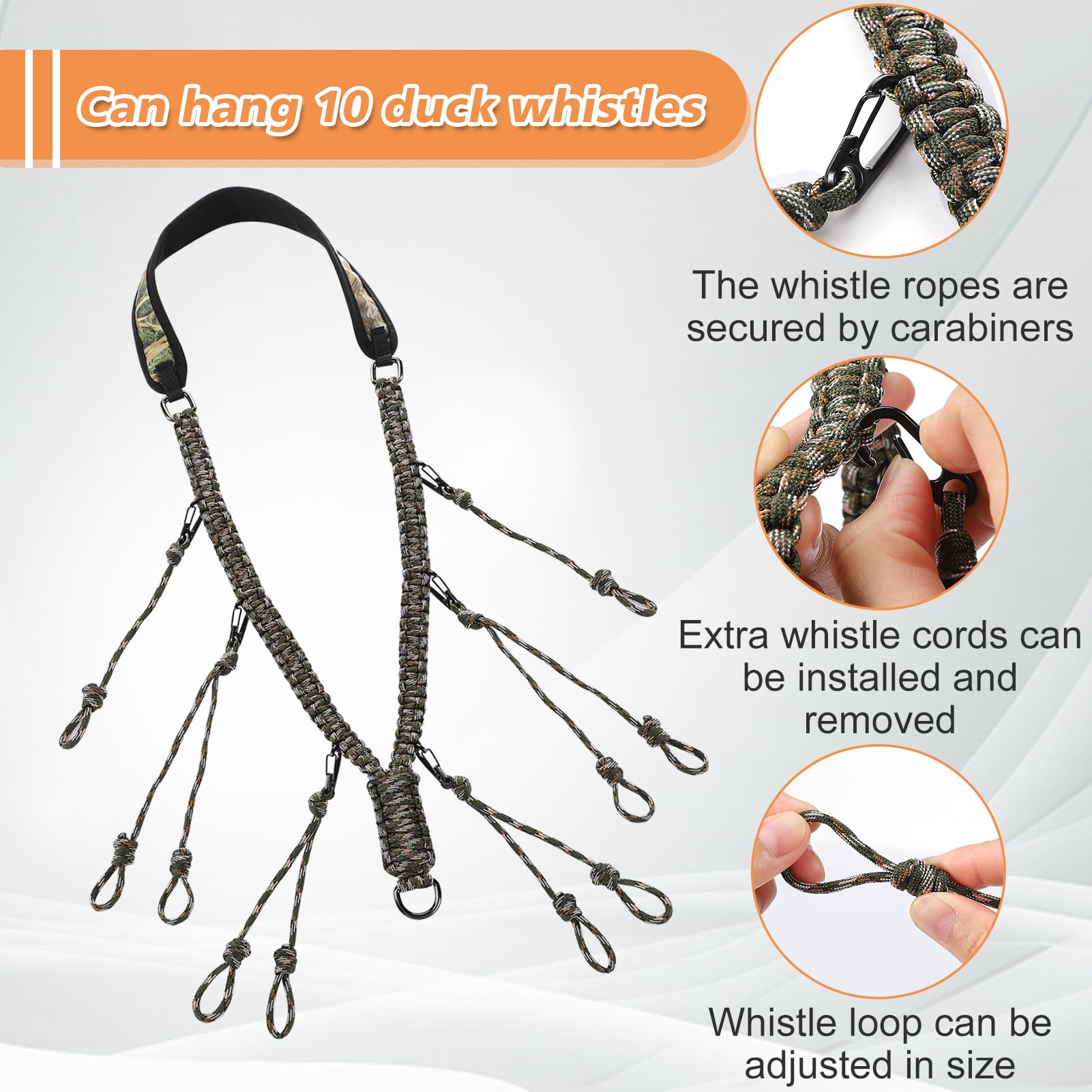 PAMASE Duck Call Lanyard - Duck Whistle Hunting Accessories with 10 Removable Loops, Camo Woven Goose Call Carry, Outdoor Predator Gear Gift for Hunter - without Duck Call