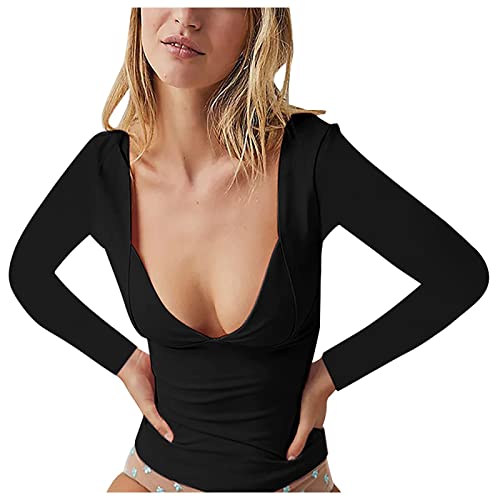 Y2K Fitted Basic Long Sleeve Shirt for Women, Casual Long Sleeve Crop Tops Crewneck Slim Fit Workout Yoga Tshirts