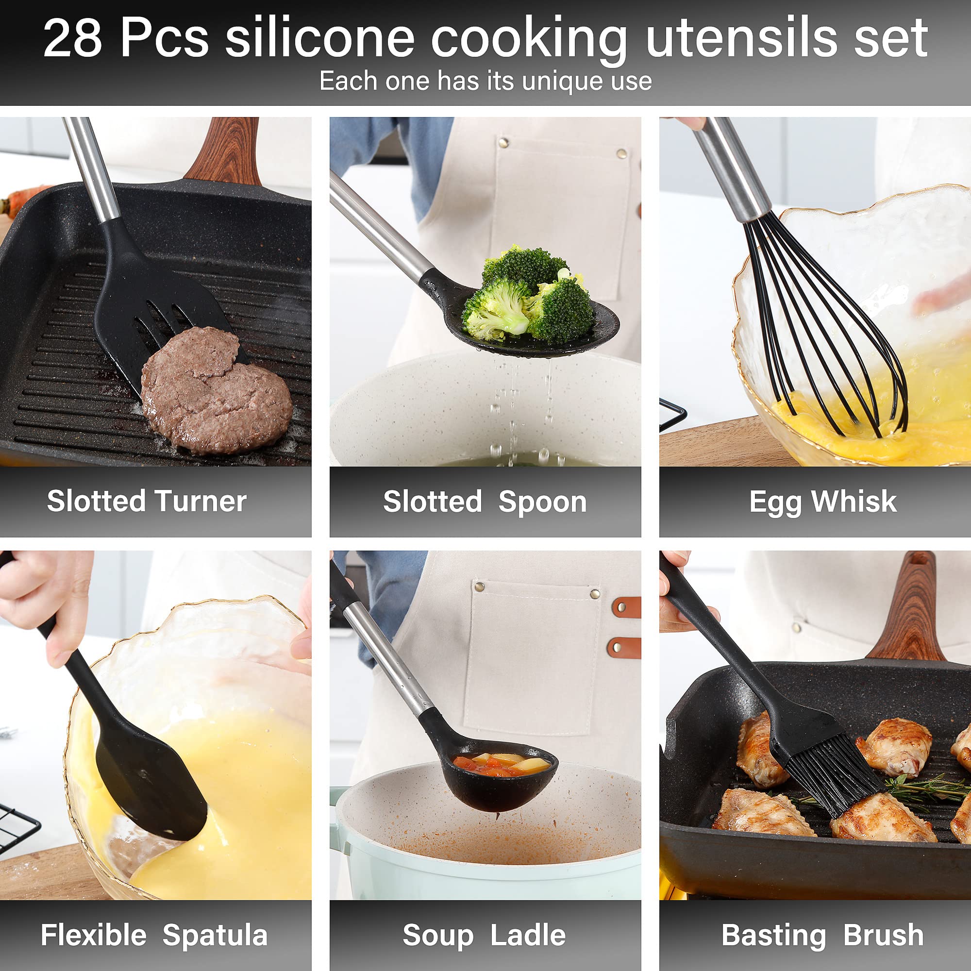 QMVESS Silicone Kitchen Utensil Set, 28 Pcs Non-Stick Cooking Utensils Set with Holder, Tongs, Spatula, Whisk, Measuring Cups and Spoons Set with Stainless Steel Handle Kitchen Gadgets (Black)