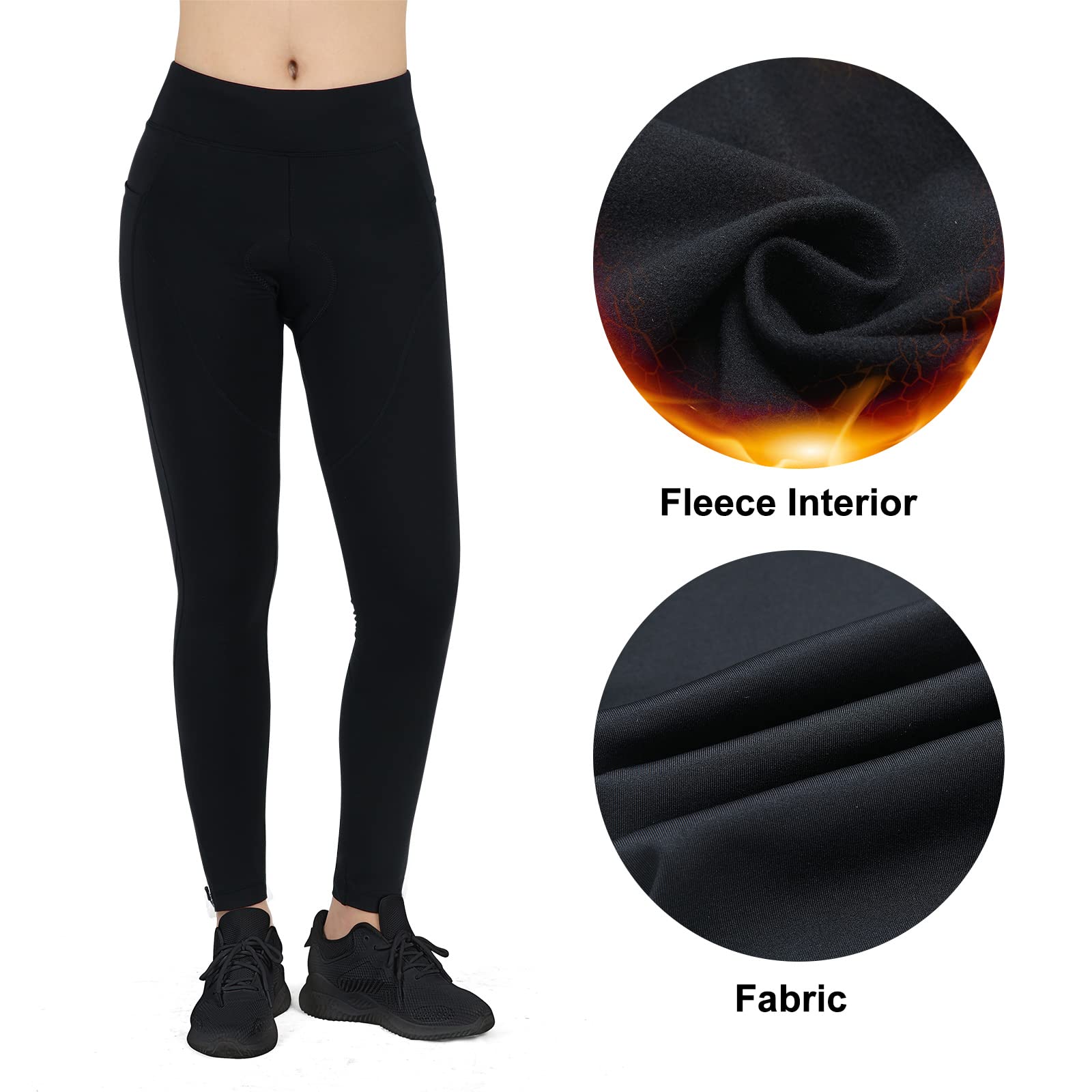 Women's Thermal Fleece Cycling Pants Padded Cold Weather Compression Bike Tights Winter Long Bicycle Pants with Pockets(BlackL,L)