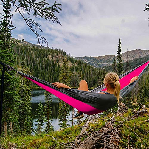 Purjoy Camping Hammock Single & Double Portable Hammocks with 2 Tree Straps (18 Loops/13.2 Ft Total),Lightweight Nylon Parachute Hammocks for Travel,Beach,Backyard,Patio,Hiking(Fuchsia/Purple1)